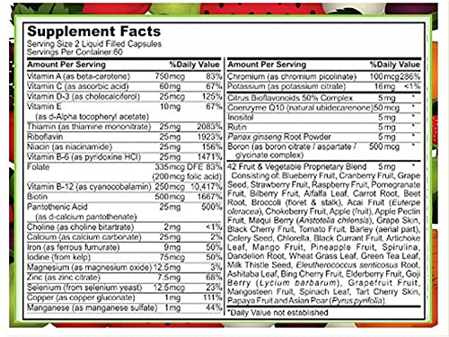 SJJ DEPOT 120 Multivitamin Fruit and Vegetable Liquid Capsules, Loaded Multivitamins, Supplements, Multiple Vitamin has Joint Heart Brain Antioxidants, Daily Women Men Senior Adult Multi Vitamins