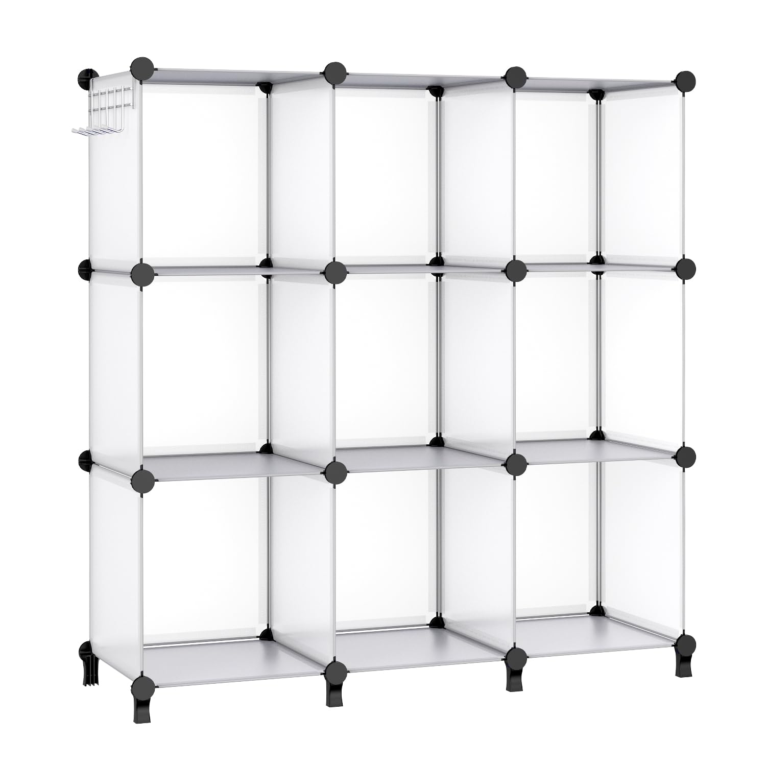ROJASOP Cube Storage Organizer, 9-Cube Storage Shelf Bookshelf DIY Stackable Cubby Shelving with Hooks, Plastic Cube Organizer Shelf for Closet, Bedroom, Living Room, Office, Black