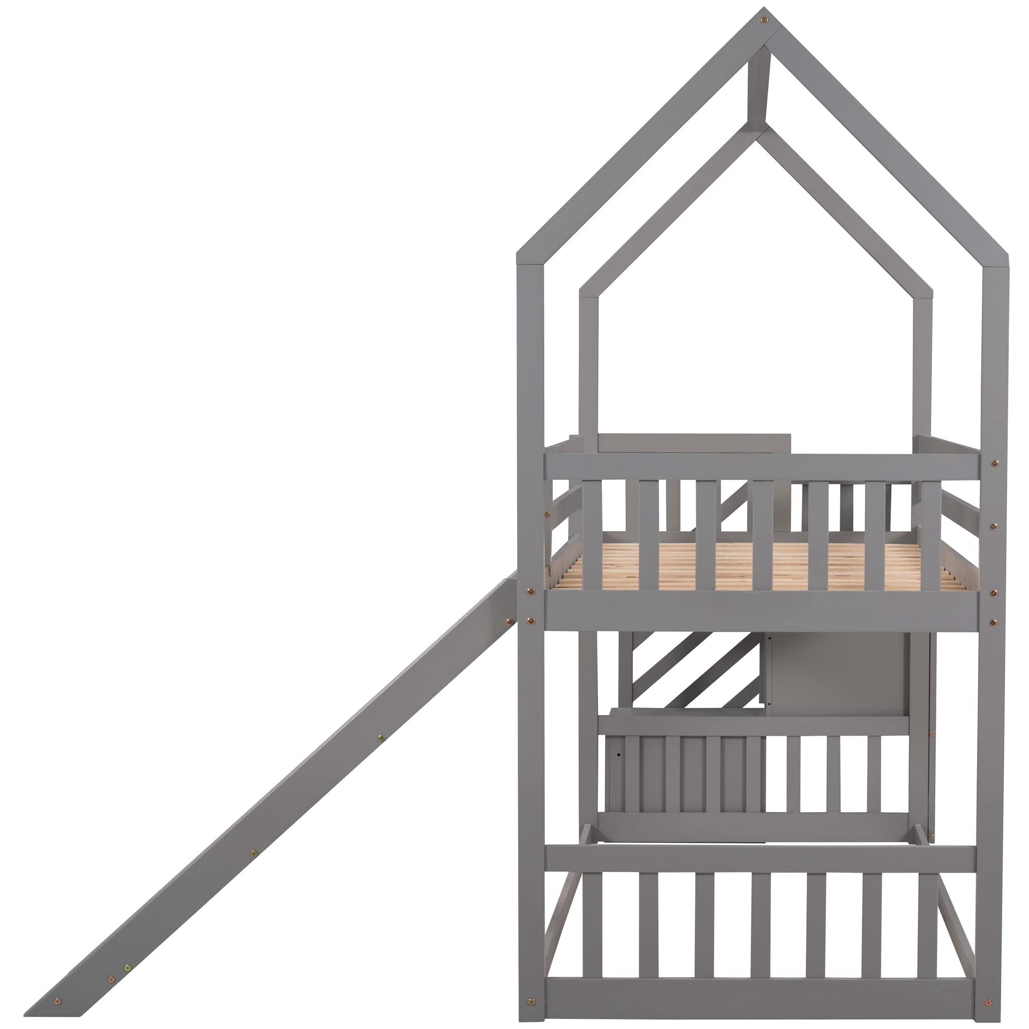 RUNWON Twin over Twin House Bunk Bed with Convertible Slide,Storage Staircase and Open Sehlves for Kids Teens Bedroom