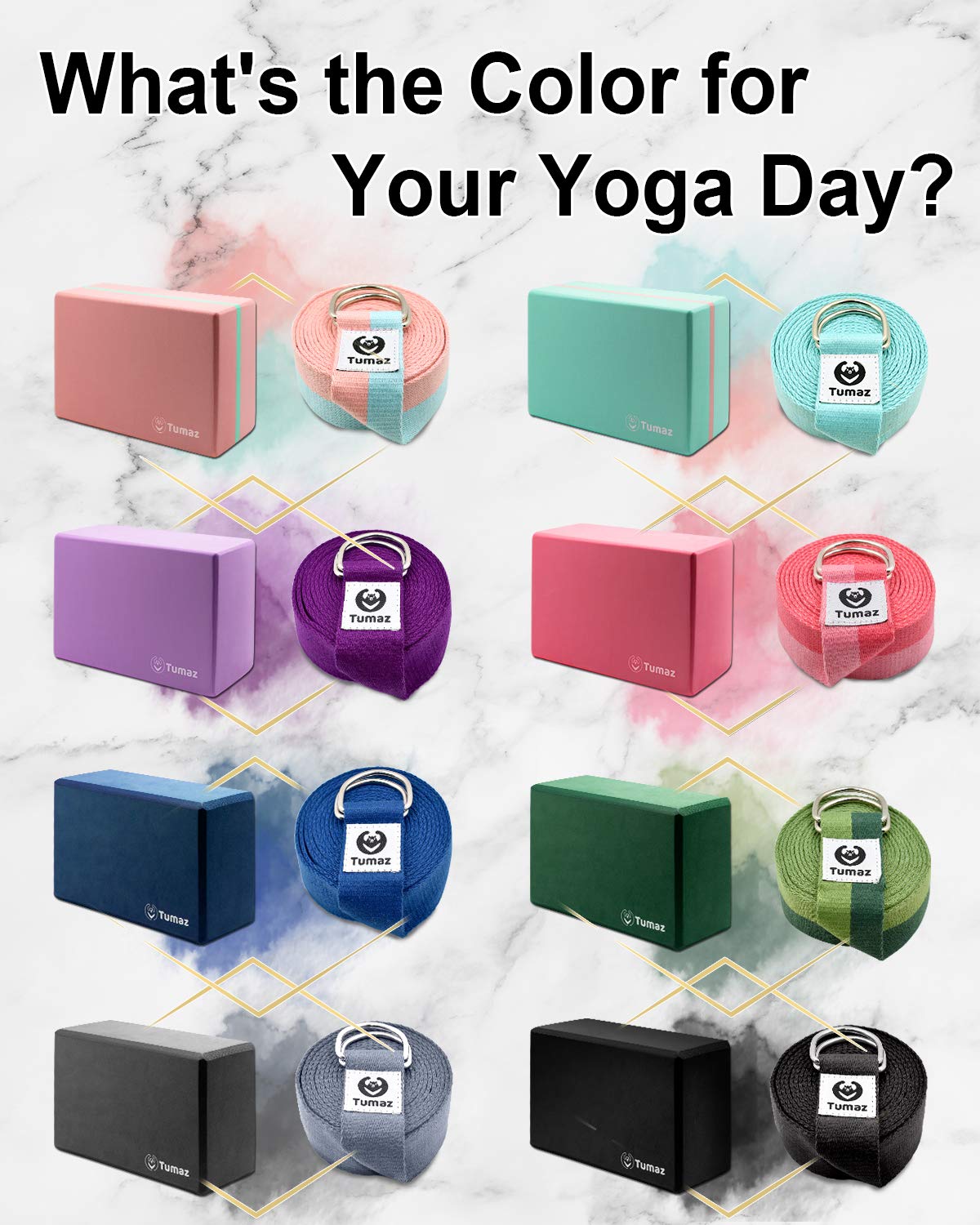 Tumaz Yoga Blocks 2 pack or Yoga Blocks with Strap - Supportive & Non-Slip Surface Exercise Blocks, High Density, Lightweight EVA Foam Yoga Blocks, Yoga Brick for All Yogi