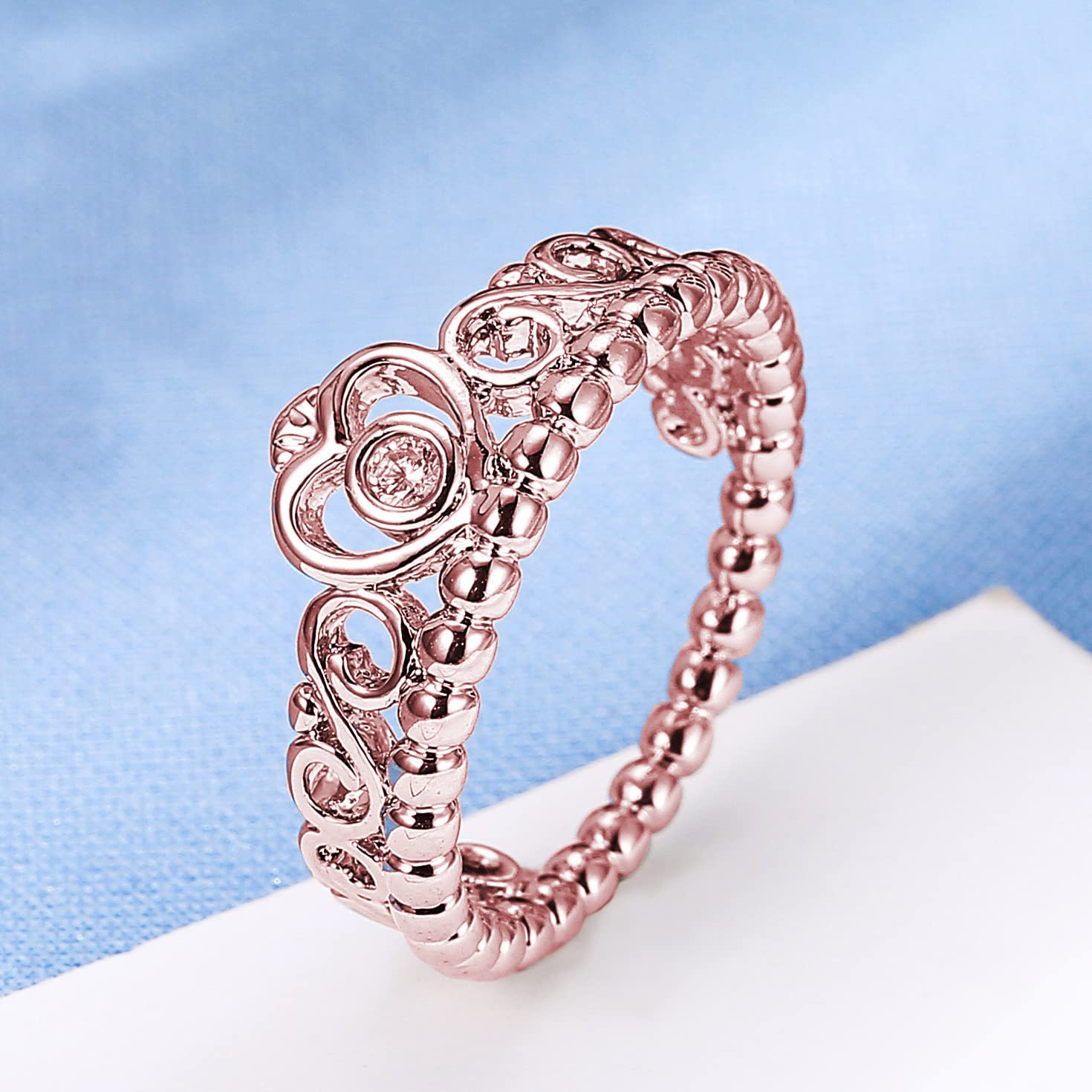 YOU&M Women's 925 Sterling Silver Crown Solitaire-Zirconia Bead Stackable Vintage My Princess Tiara Wedding Rings (10, 14K Rose Gold-Plated Silver)