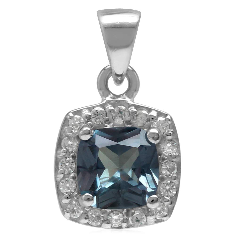 Silvershake 6mm Cushion Shape Simulated Color Change Alexandrite 925 Sterling Silver Halo Pendant