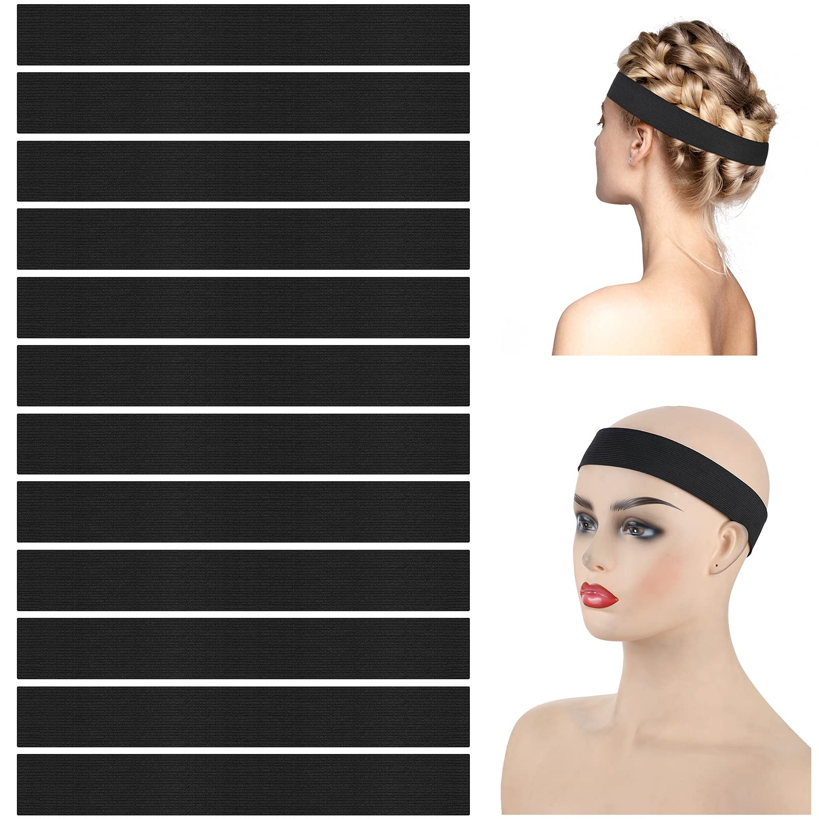 WILLBOND 12 Pieces Adjustable Elastic Band for Wigs, Polyester Fiber Wig Edge Band, 1.2 Inch in Width, 23.6 Inch in Length, Black