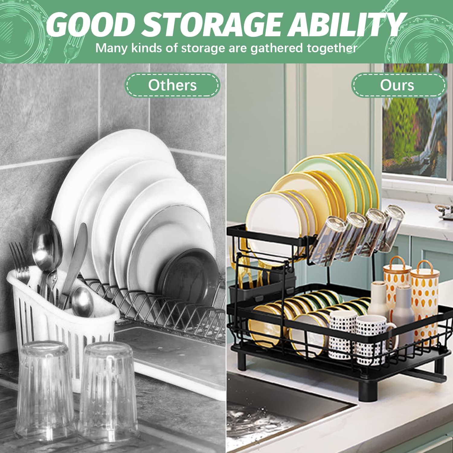 Vanleonet Dish Drying Rack with Drainboard Set, 2 Tier Stainless Steel Large Dish Racks with Drainage, Dish Drainers with Wine Glass Holder, Utensil Holder and Extra Drying Mat