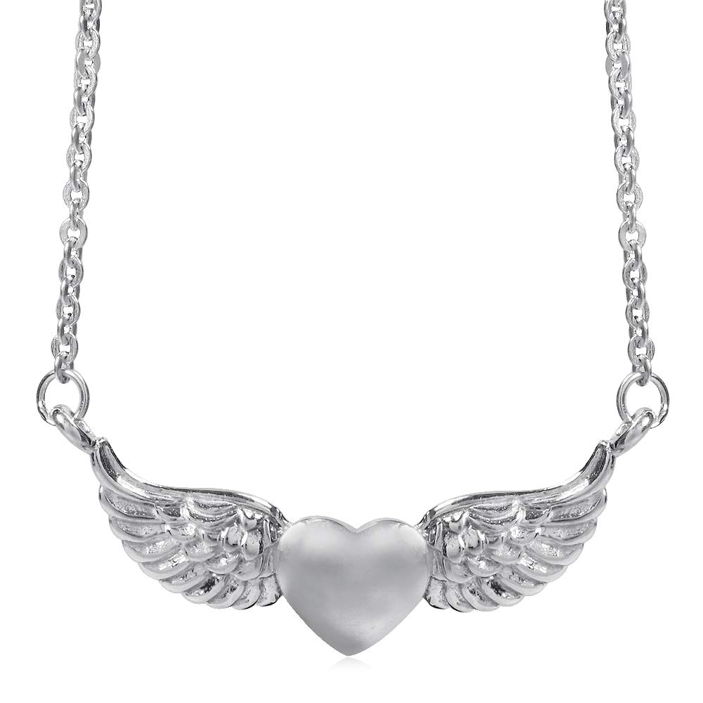 Silvershake 925 Sterling Silver Love Heart Angel Wing Pendant with 16 to 18 Inch Chain Necklace