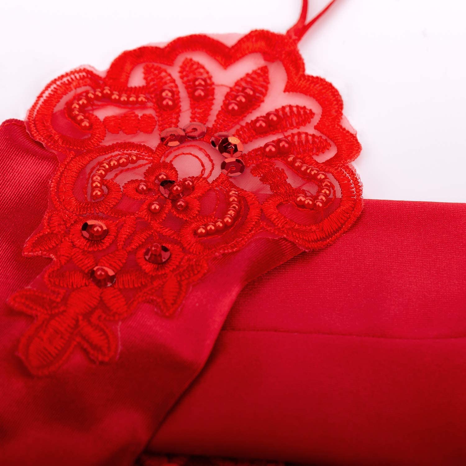 SAVITA Fingerless Long Red Gloves Pierced Elbow Length Satin Gloves 19" Stretchy Opera Evening Party 1920s Gloves for Women