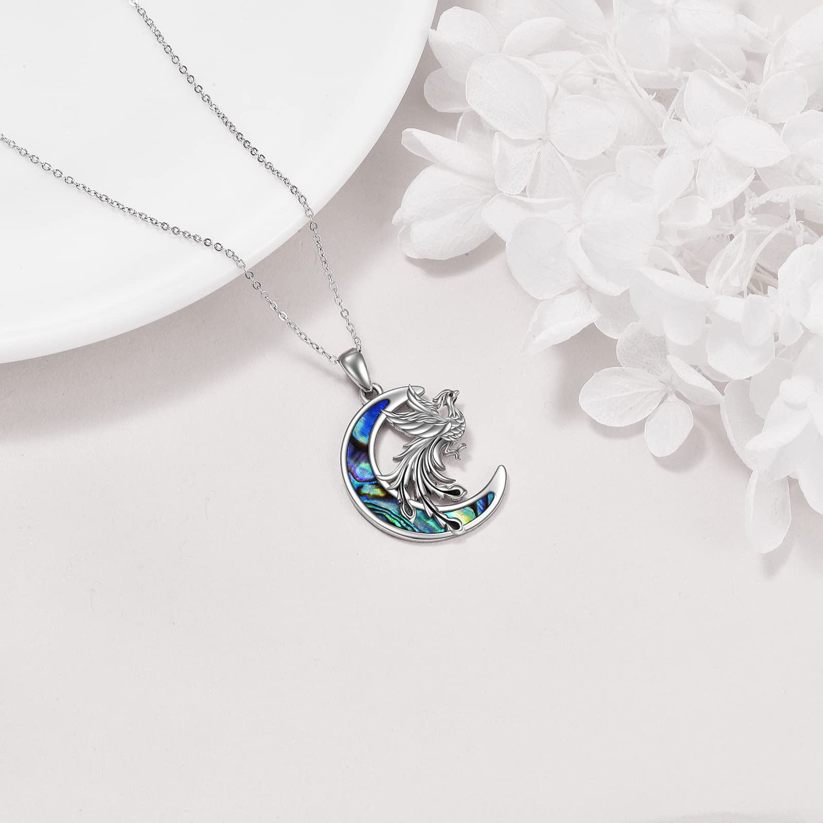 YFN Phoenix Necklace Sterling Silver Abalone Shell Crescent Moon Phoenix Pendant Necklace Nirvana of Phoenix Jewelry for Women