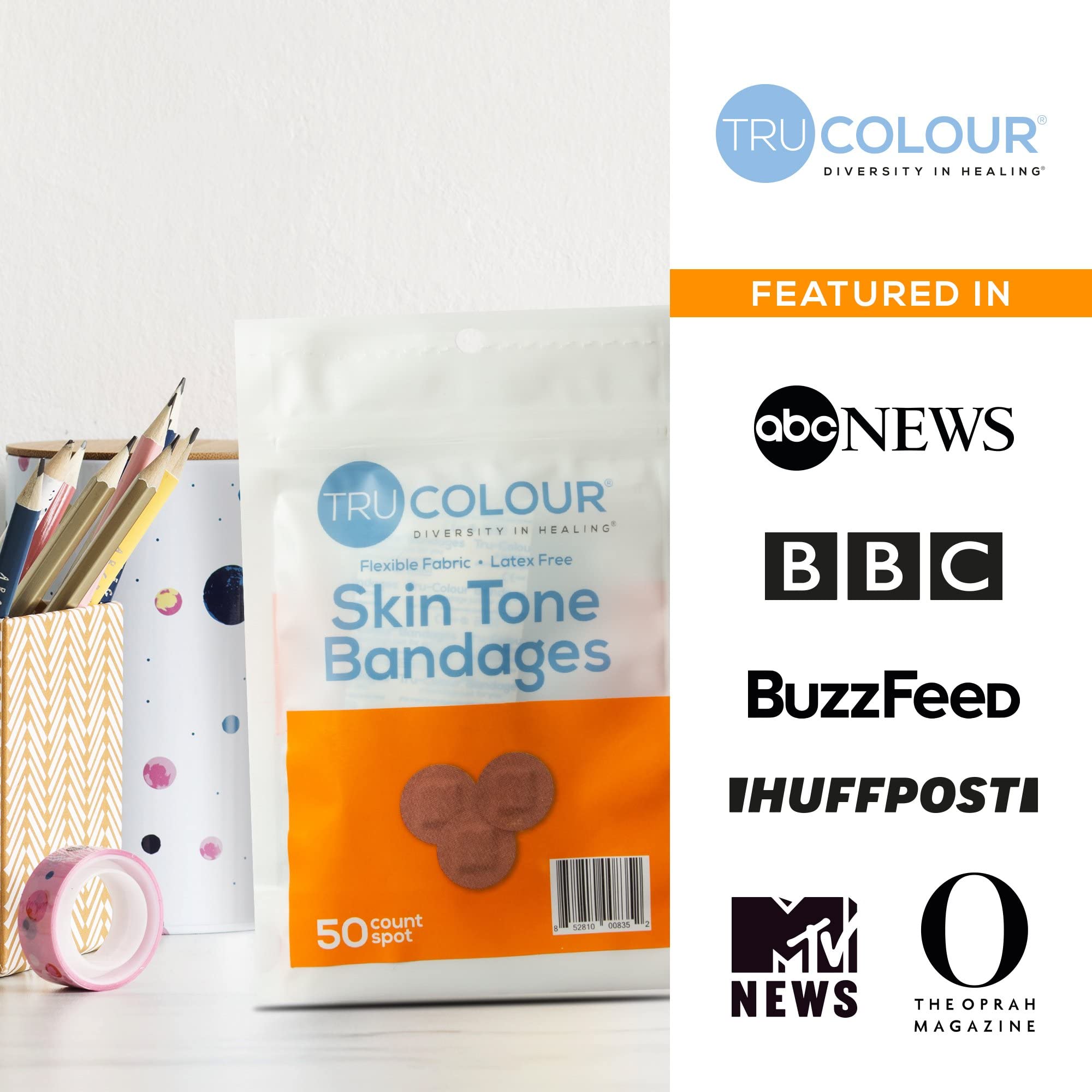 Tru Colour - Spot Bandages, Flexible Fabric Adhesive Bandages, Brown Skin Tone Shade, Orange Bag, 50 Count