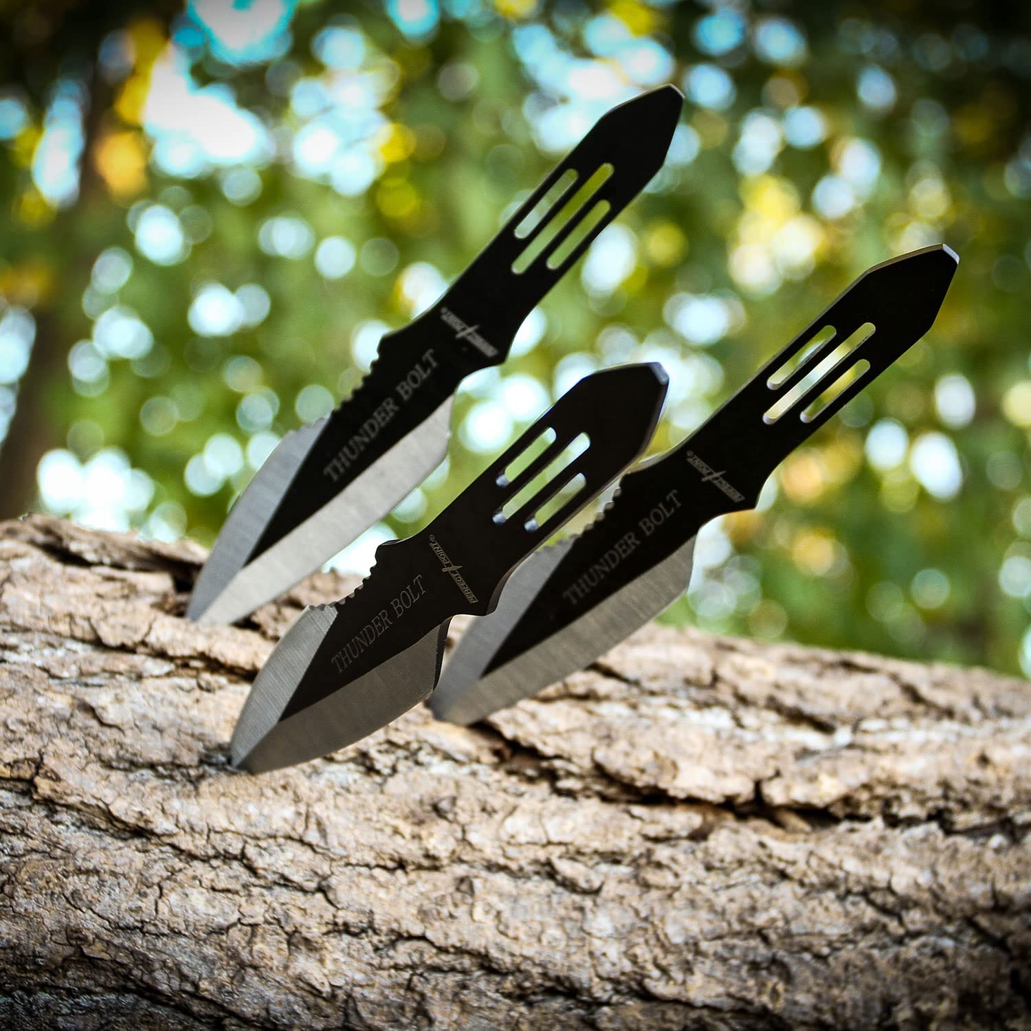 Set of 3 Black/Satin Finish Throwing Knives with Thunder Bolt Etching, Black Handles, Nylon Sheath - BladesUSA