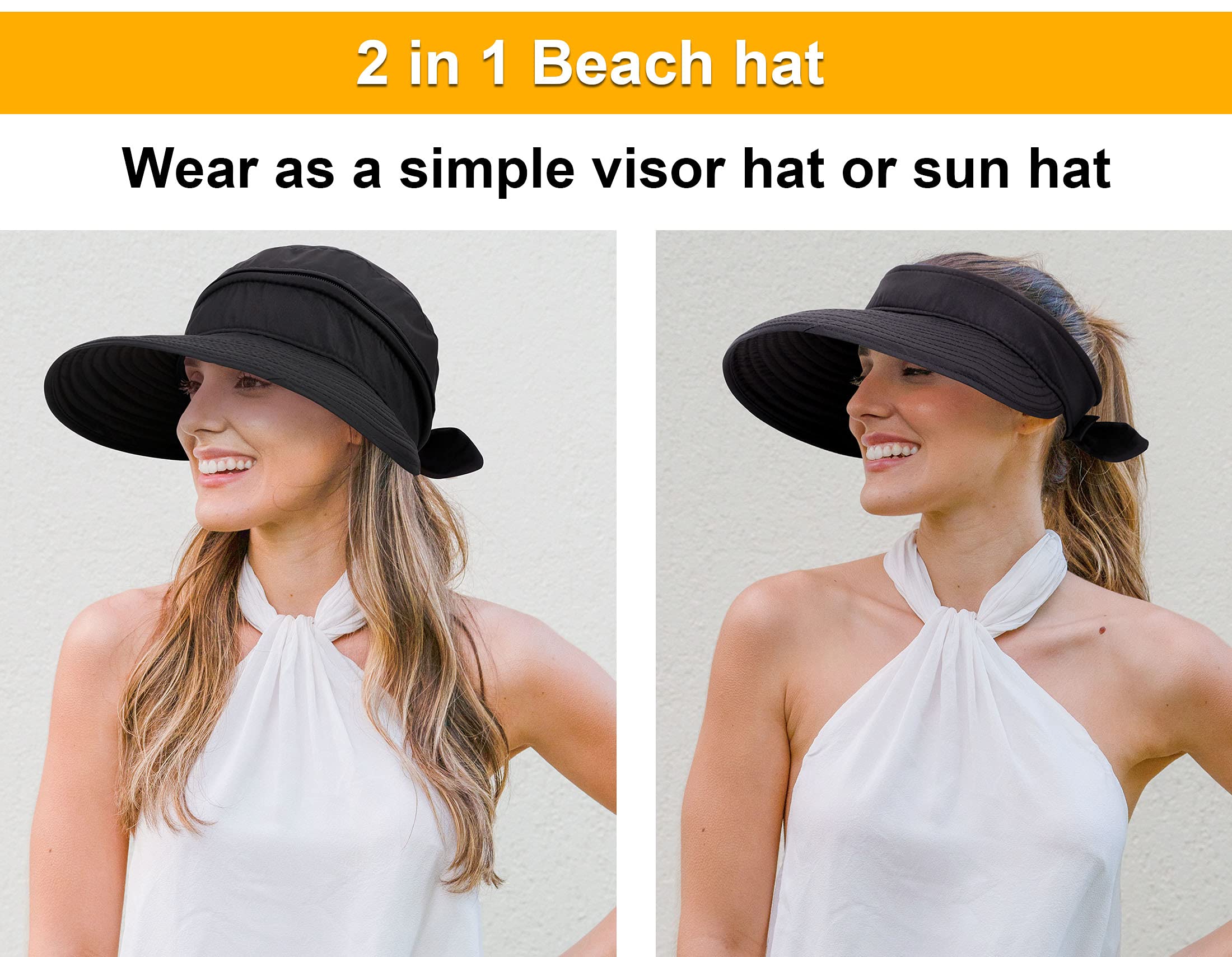 Verabella Womens Beach Hat Summer ๐๐ถ๐ด๐ต๐๐๐ฒ๐ถ๐ด๐ต๐ ๐ฆ๐๐ป ๐ต๐ฎ๐ for Hiking Sun Protection 2 in 1 Visor Sun Protection Hat (Black)