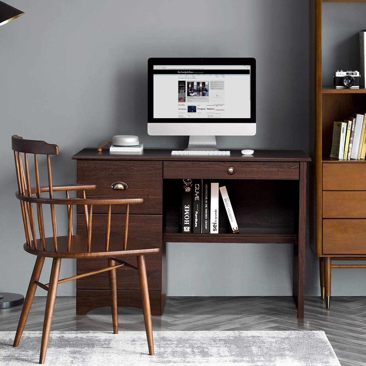 Tangkula Computer Desk with Drawers, Wood Frame Home Office Desk with Storage Shelf, Vintage Desk Executive Desk with Spacious Desktop, Ideal for Bedroom, Living Room, Office