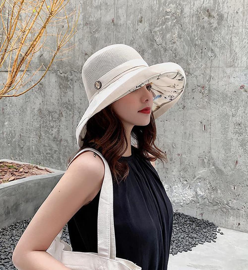Women's Mesh Sun Hats Summer UV Protection Wide Brim Beach Fishing Cap (Beige)