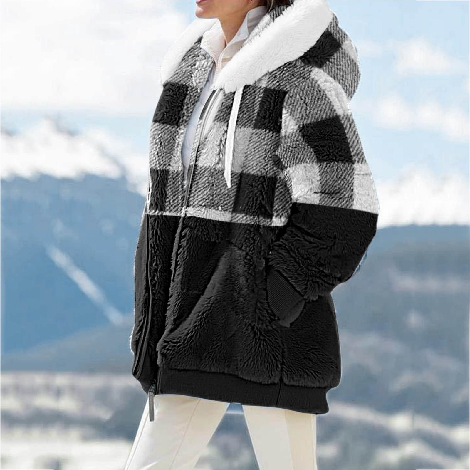 Women's Plaid Fleece Hooded Jacket Flannel Lined Long Sleeves Drawstring Sweatshirt Fuzzy Shirt Coat Blouse Tops
