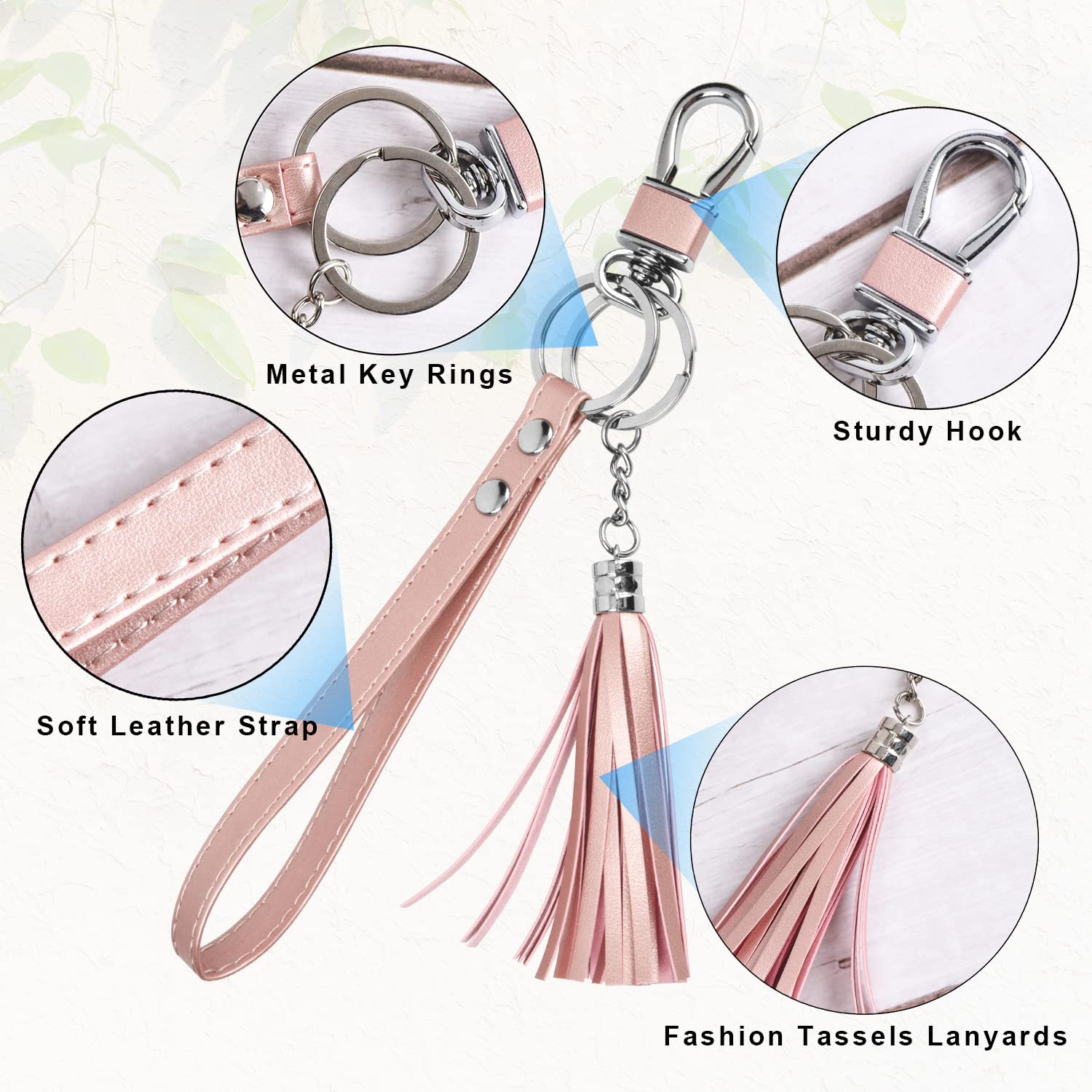 Teskyer Wristlet Strap for Key, Hand Wrist Lanyard Key Chain Holder with Tassel and Flat Alloy Key Rings, Rose Gold