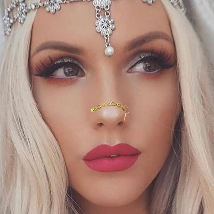Yumikoo Double Nose Ring with Chain Piercing Jewelry 6Pcs for Women Silver Gold Black Color