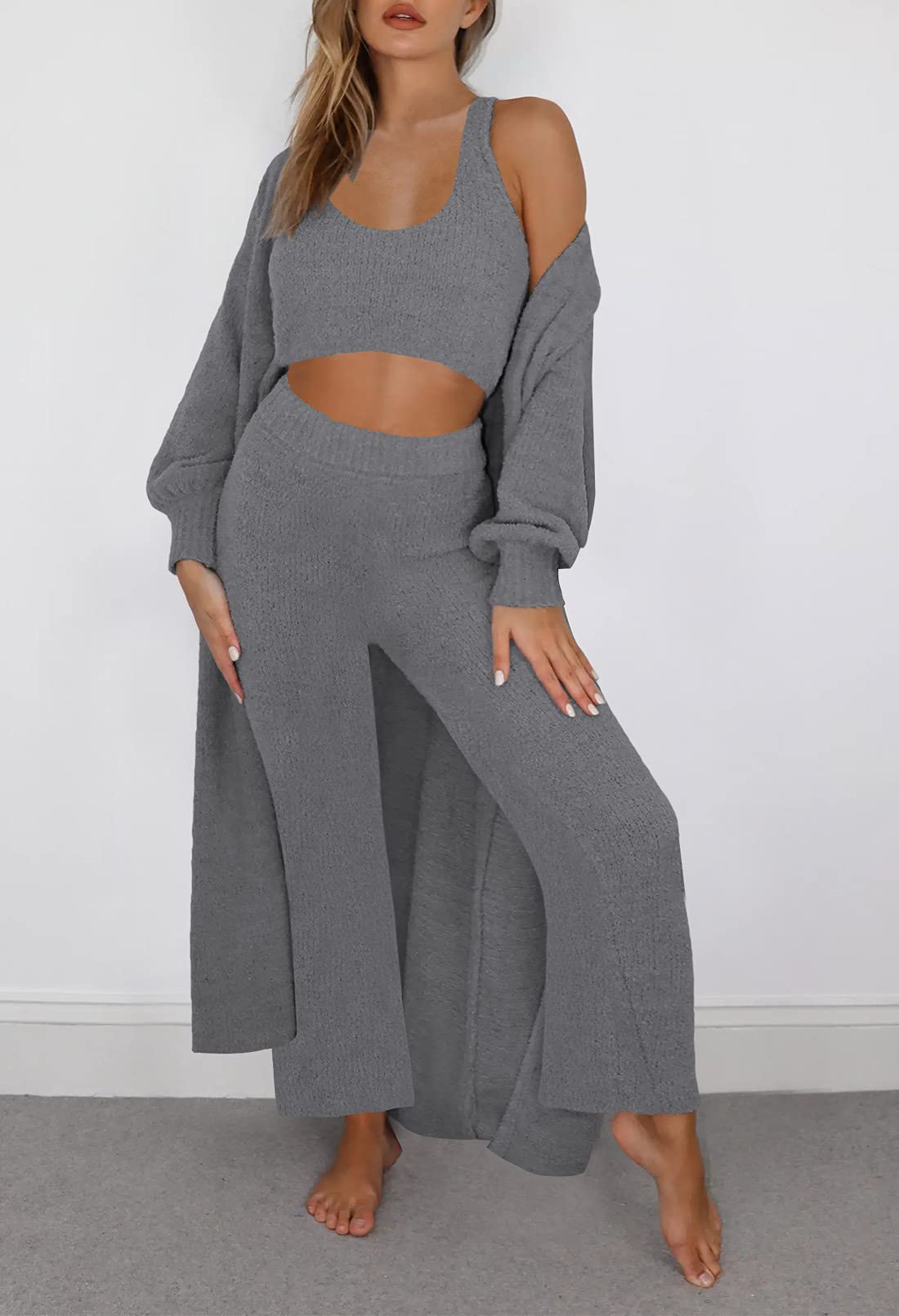 VamJump Women Loungwear Set 3 Pcs PJ Set Solid Vest Tops Wide Leg Pants and Kimono Cardigan,Dark Grey,M