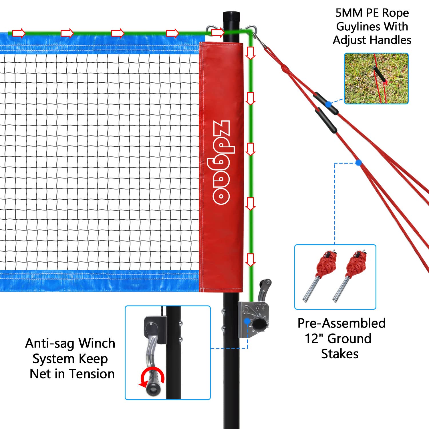 Zdgao Badminton Sets for Backyards with Net | Portable Badminton Net with Winch System, Aluminum Badminton Rackets Set of 4, 3 Nylon Shuttlecocks, Boundary Line and Durable Carrying Bag (Red & Blue)