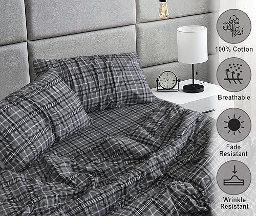 RUVANTI Flannel Sheets Twin Size - 100% Cotton Brushed Flannel Bed Sheet Sets - Deep Pockets 16 Inches (fits up to 18") - All Seasons Breathable & Super Soft - Warm & Cozy - 3 Pcs - Grey Plaid