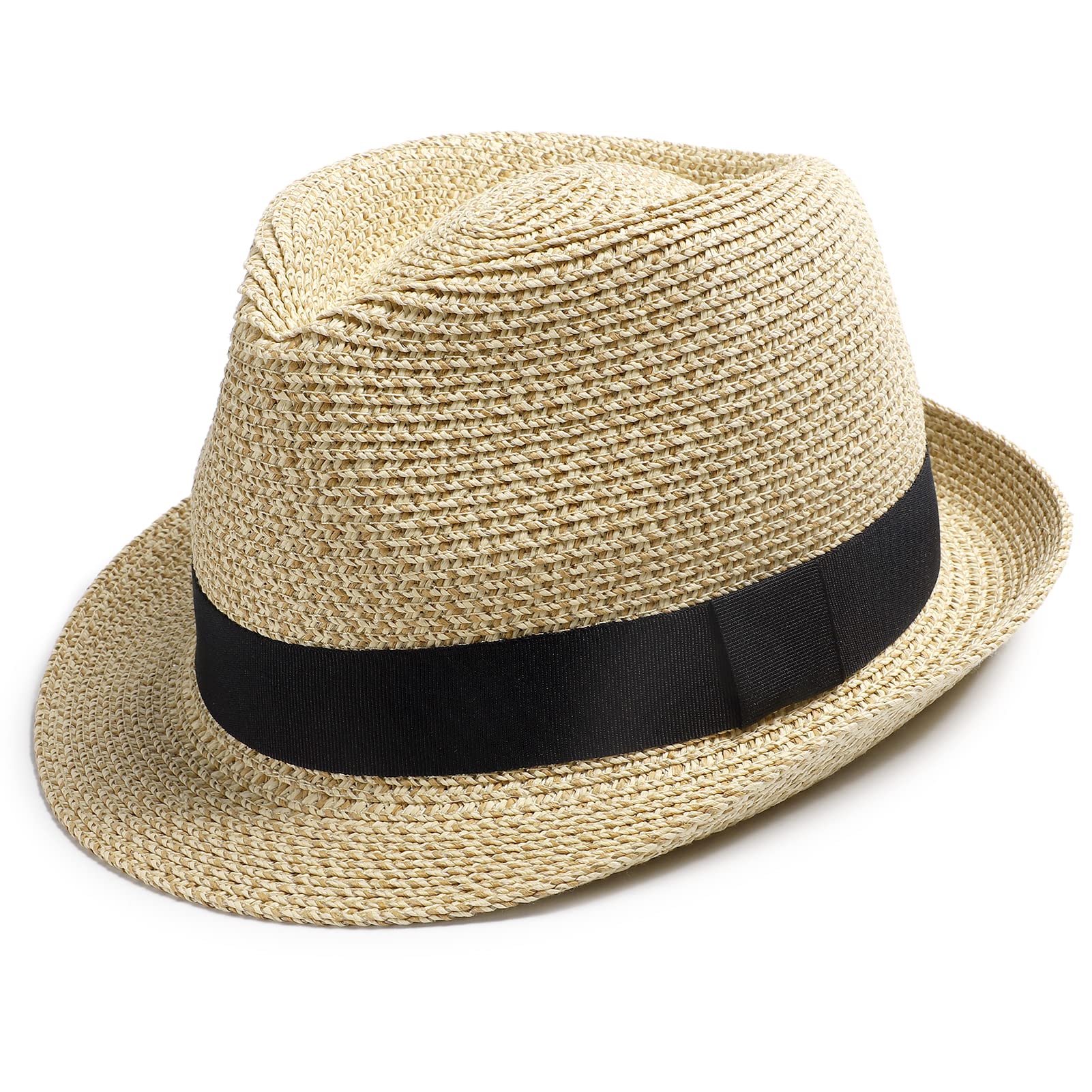 Womens Short Brim Straw Sun Hat Fedora Trilby Hat Panama Men Roll Up Packable Beach Hats… Khaki