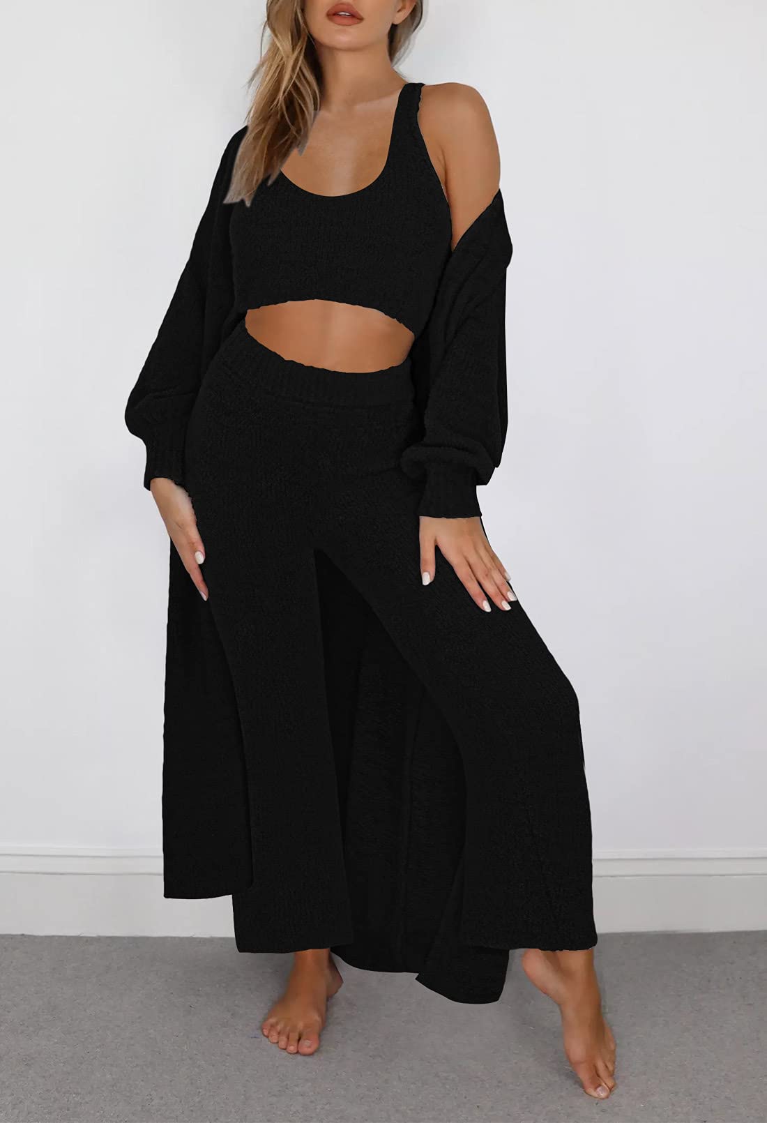 VamJump Womens 3 Piece Outfits Fuzzy Fleece Open Front Cardigan Crop Top Wide Leg Pants,Black,L