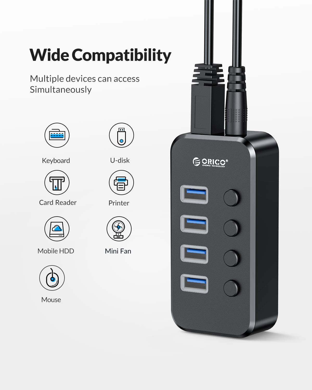 USB Hub 3.0, ORICO 4 Ports USB Data Hub + 1 USB Smart Charging Port, 39.37 Inch USB Extension Cable, 12V/2A Power Adapter and Individual On/Off Switches for PC, HDD, PS4 and More