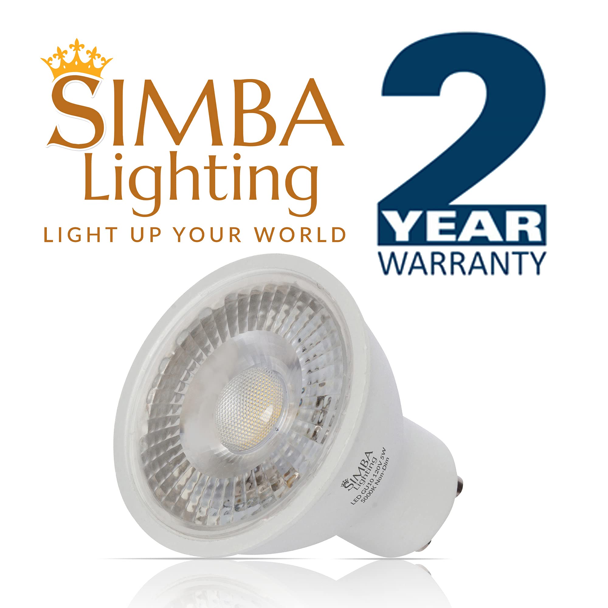 Simba Lighting LED GU10 5W Non-Dimmable Spot Light Bulb (6 Pack) Halogen 50W Replacement MR16 Shape for Accent, Recessed, Track Lighting, 38° Beam, 120V, Twist-N-Lock Bipin Base, 5000K Daylight