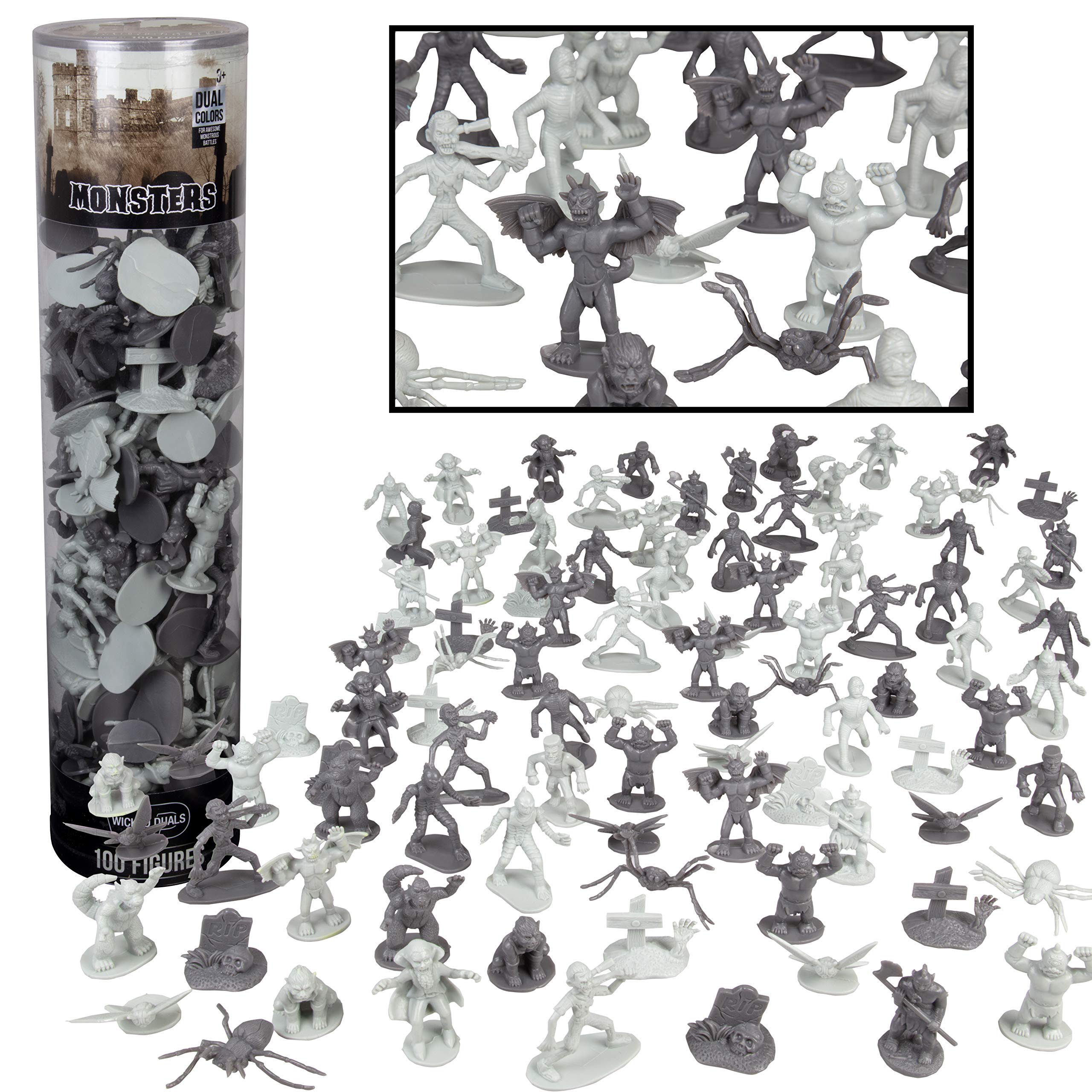 SCS Direct Monster Mini Action Fantasy Figure Playset- 100 Horror Toy Miniatures w 13 Unique Figures -Dracula, Frankenstein, Giant Spiders & Morem Perfect for Dioramas, creative playtime & Party Favor