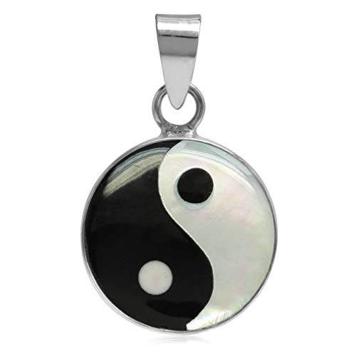 Silvershake 14mm White Mother of Pearl and Created Black Onyx 925 Sterling Silver Yin Yang Pendant