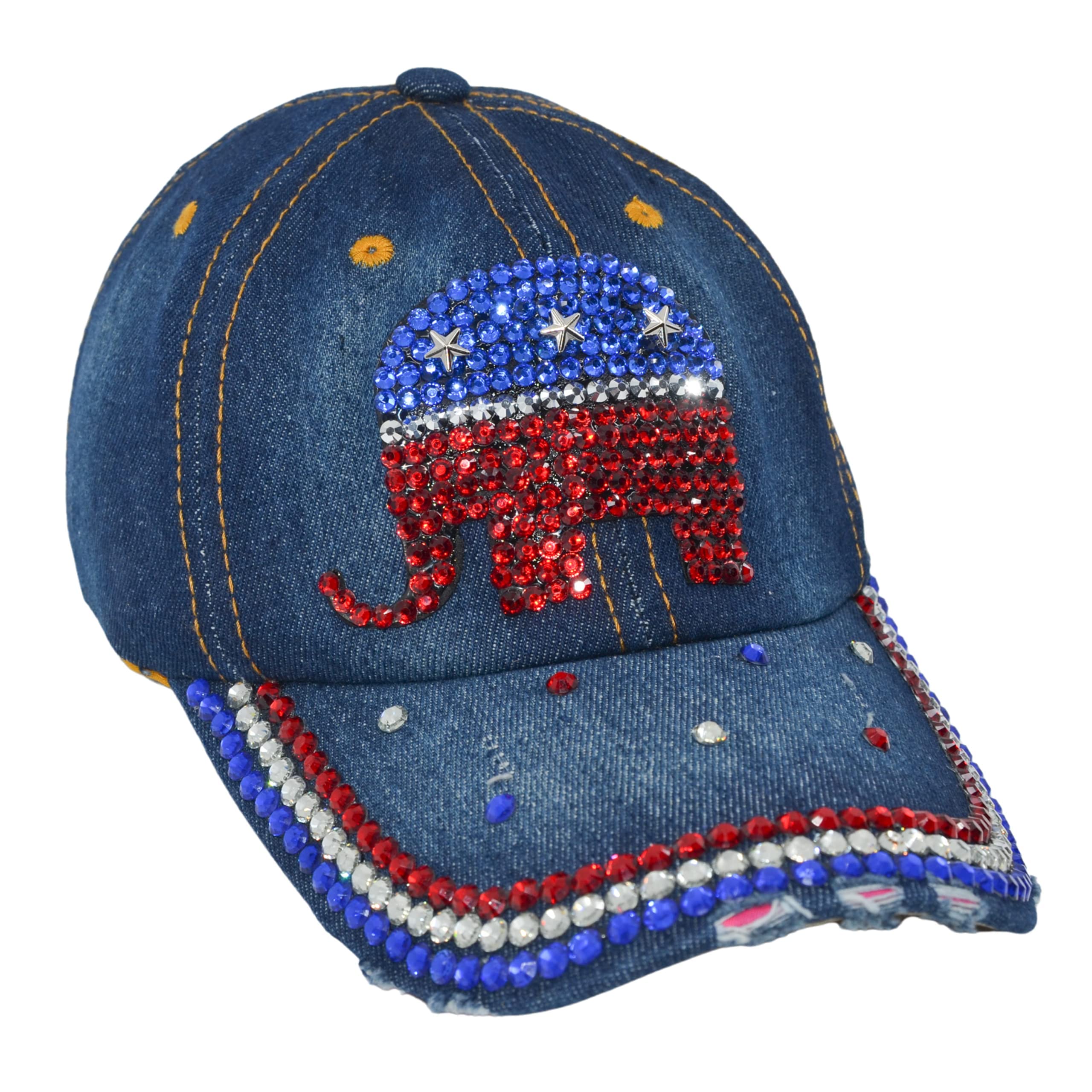 Popfizzy Bling Republican Hat for Women, Rhinestone Republican Elephant Baseball Caps, RWB USA Distressed Denim Hat, Republican Gifts for Women