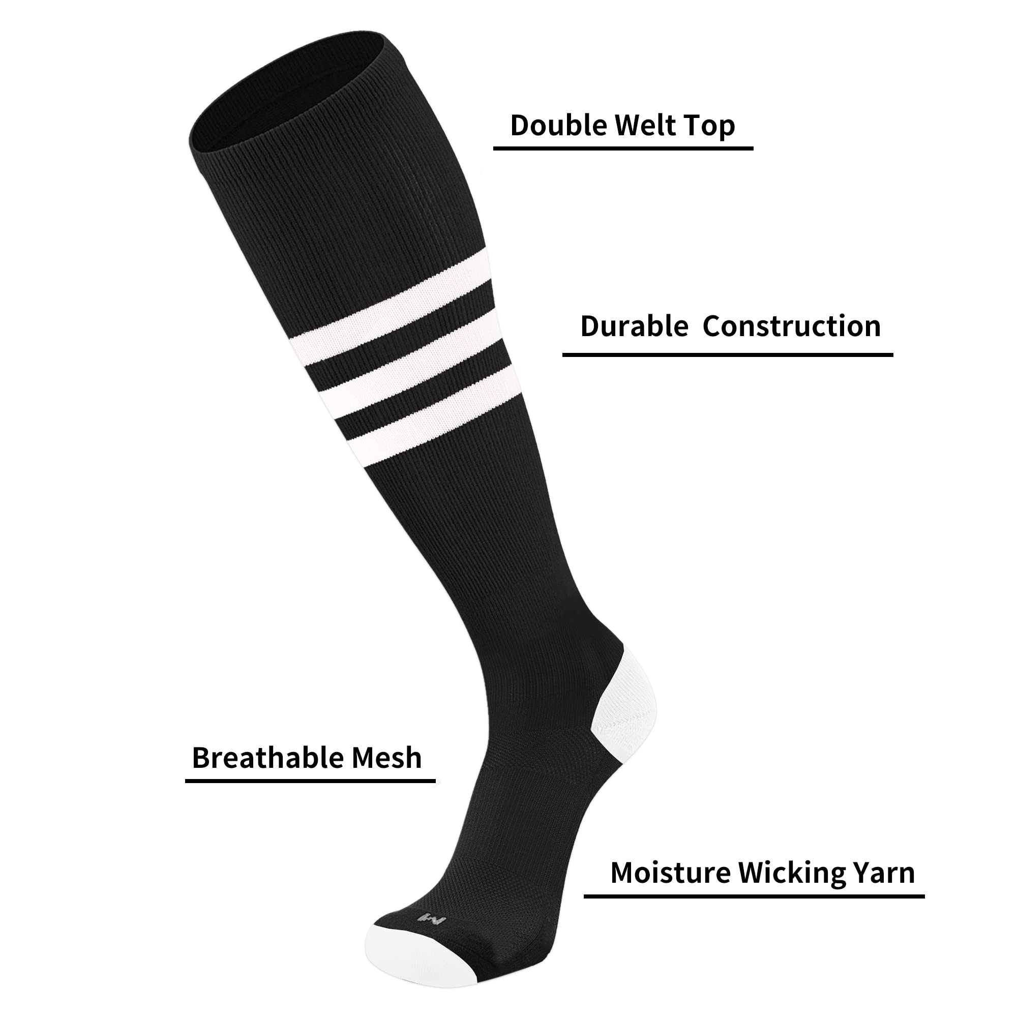 Youper Youth Striped Baseball Socks & Belt Combo (2 Pairs of Socks & 1 Belt) (Black, Large)