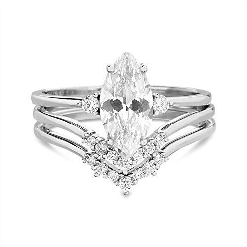 TwoBirch 925 Silver Marquise Three Ring Bridal Set with Three Stone Marquise Engagement Ring and Two Matching Chevron Contour Bands (925 Silver, Size 8)