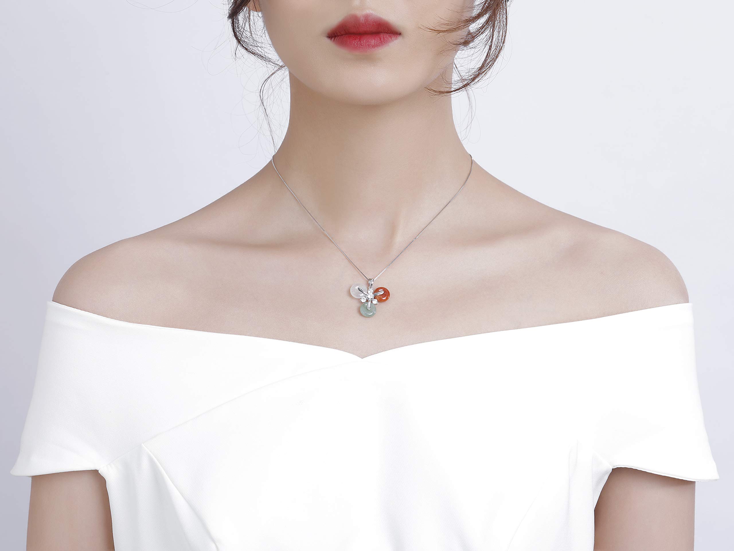 xiao nian jewelry Natural Fine Jade Pendant Set with Silver Support 18" Sterling Silver Necklace(Green,Orange,White, 1)