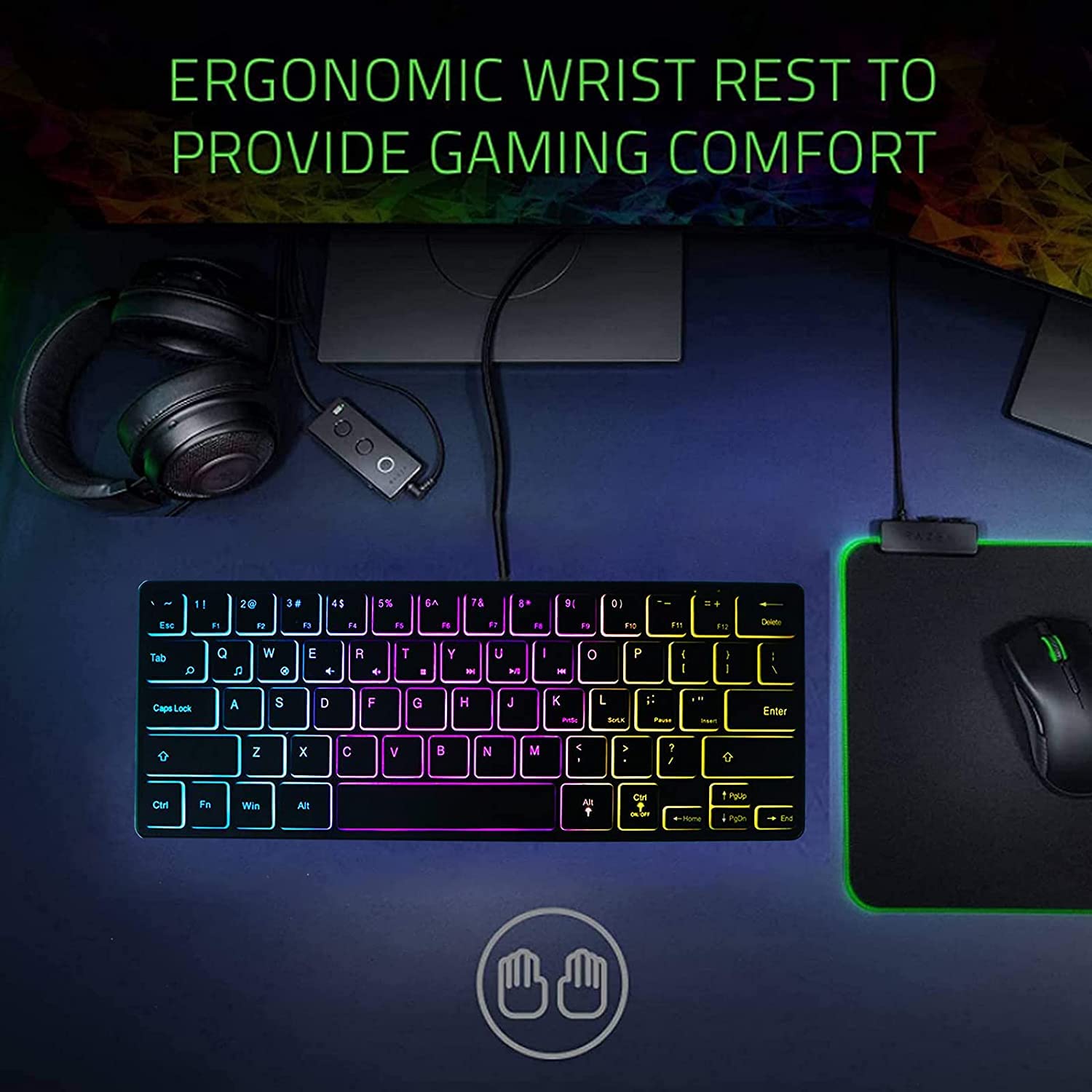 WREWING Gaming Keyboard 60 Percent, 64 Keys Compact Mini Ultra Thin Portable Wired Keyboard with Silent Click RGB Backlit Ergonomic Stand, for Gamers Office Mac Windows PC Laptop (Black)