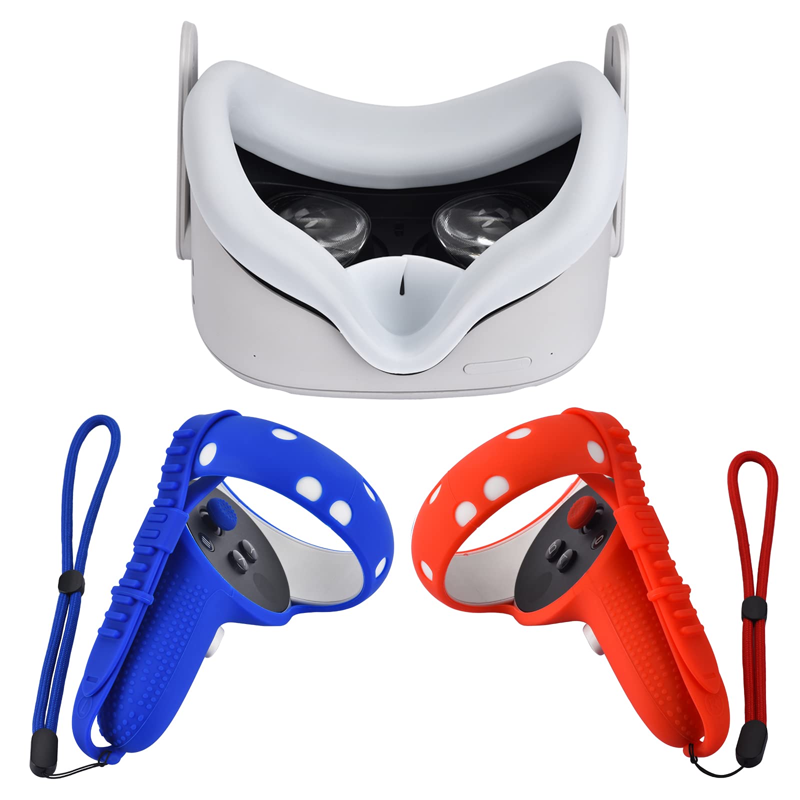 XIAOGE Silicone Controller Grip Cover for Oculus Quest 2 with Face Cover Combo, VR Headset Accessories Sweatproof Anti Collision (Blue Red White)