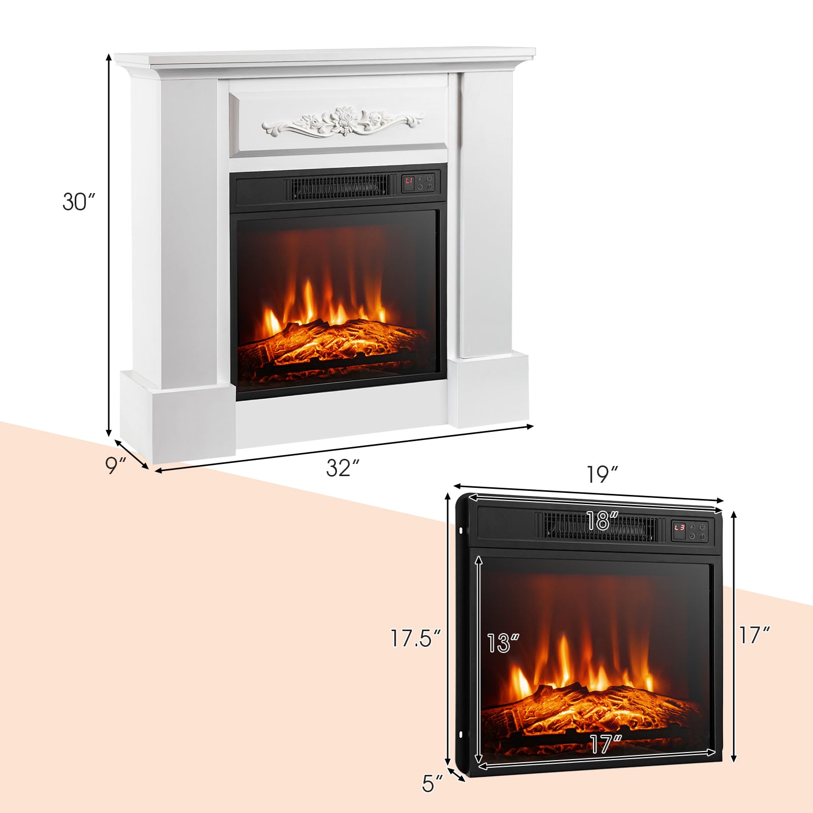 Tangkula 1400W 32 Inches Electric Fireplace with Mantel, Freestanding Fireplace Heater with 3D Flame Effect, Remote Control, Thermostat, 6H Timer, Overheat Protection (White)