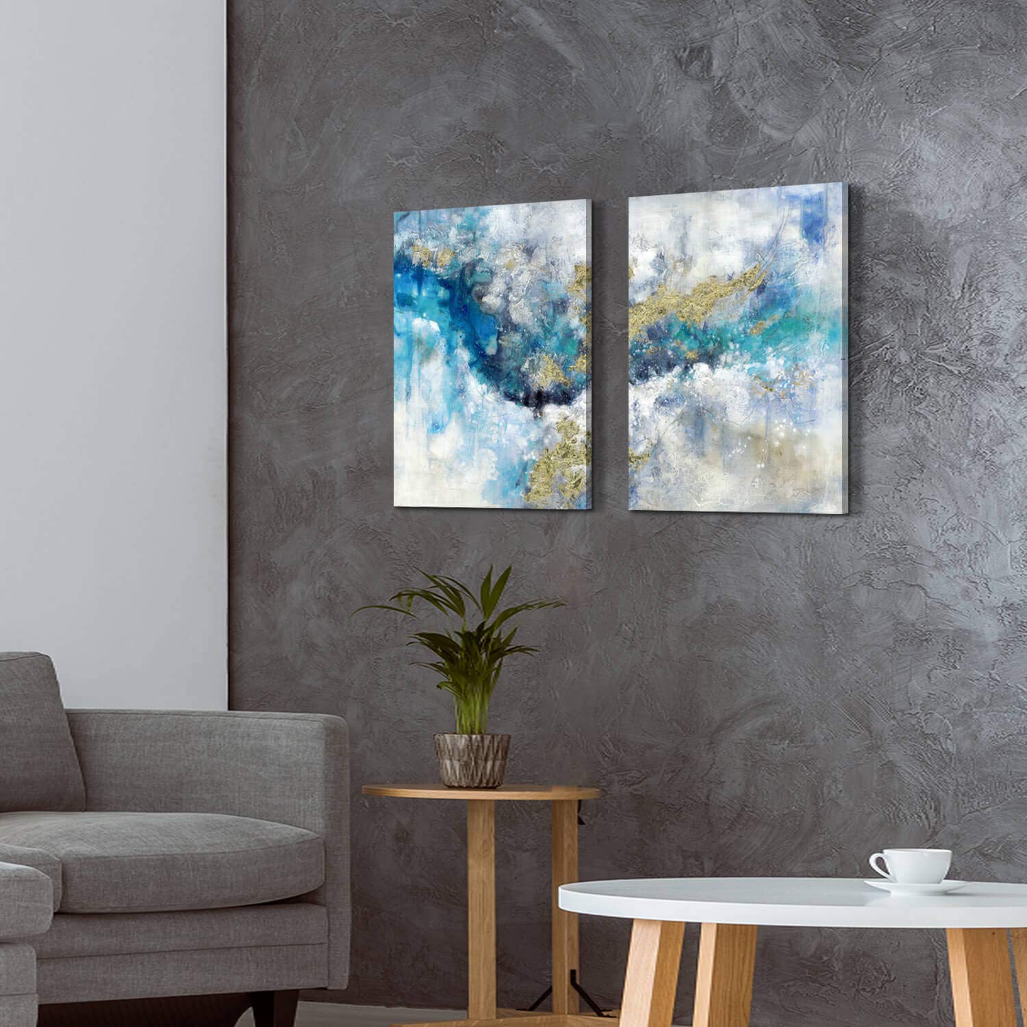 TAR TAR STUDIO Abstract Canvas Artwork Wall Art: White and Blue Painting Hand Painted Picture for Bedroom (18''W x 24''H x 2 PCS)