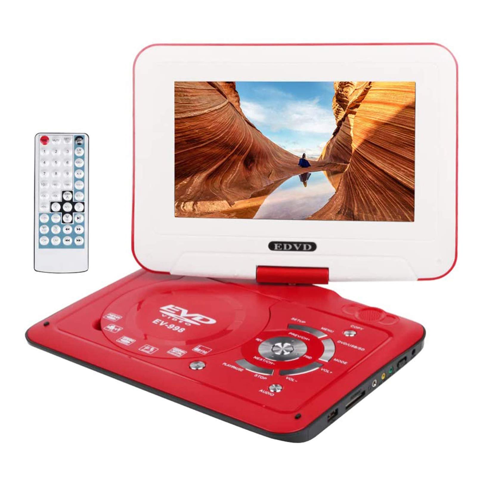 Smyidel 9.8" Portable DVD Player Supports SD Card/USB Port/CD/DVD, Rede Controller,2 Hour Rechargeable Battery, 9" Eye-Protective Screen, Support AV-in/Out,Region Free (Red)