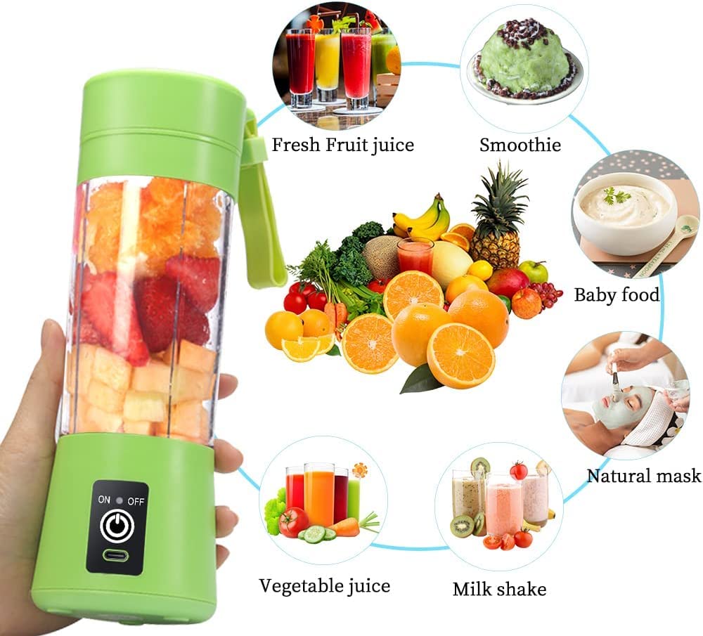 Portable Blender Mixer,Personal Juicer,Smoothies and Shakes Blender,HandCup Fruit Machine Blender 380 ML (Blue, Pink, Purple & Pink Color available) (Green)