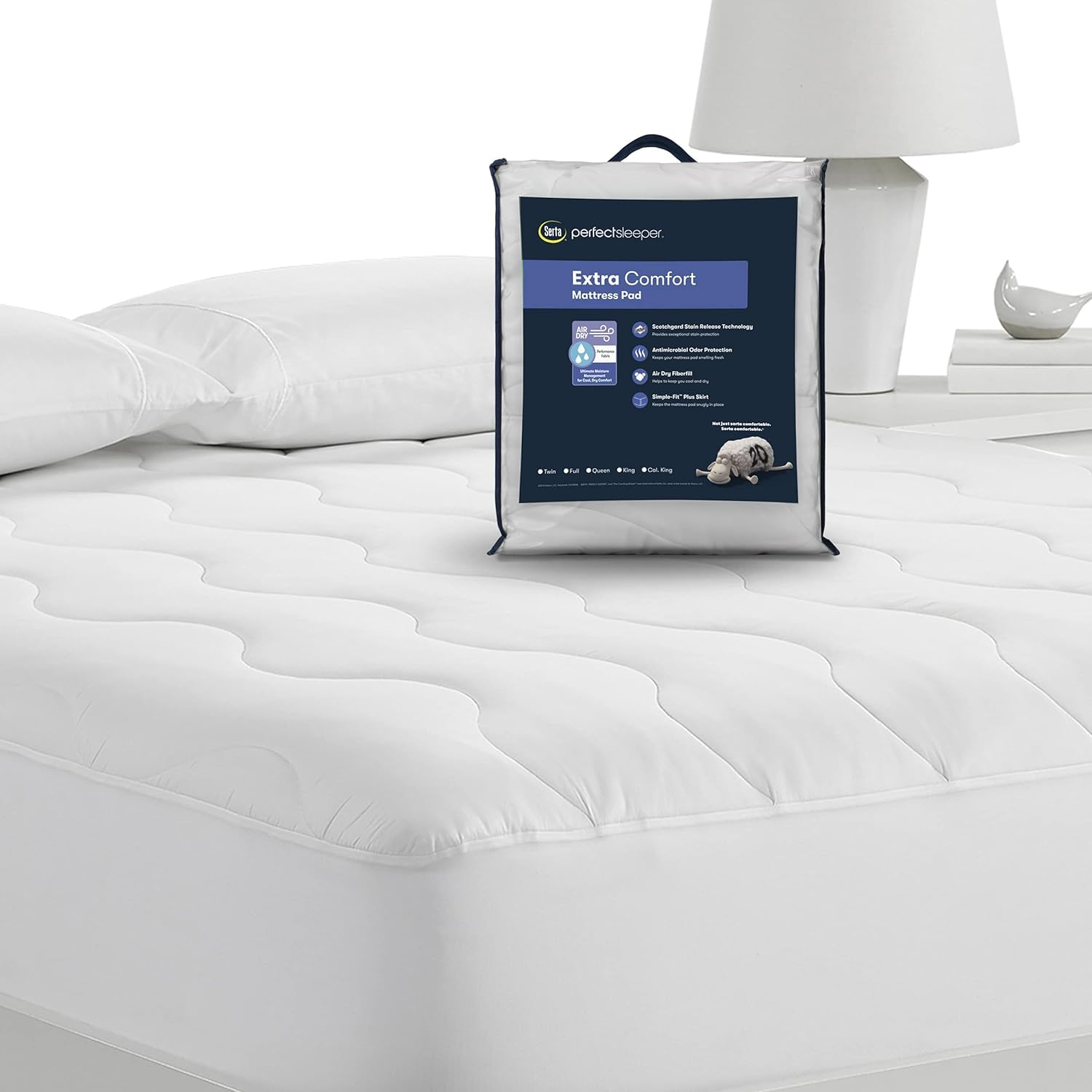 Serta Air Dry Extra Comfort Microfiber Fill Cooling Fitted Mattress Pad Cover, Queen, White