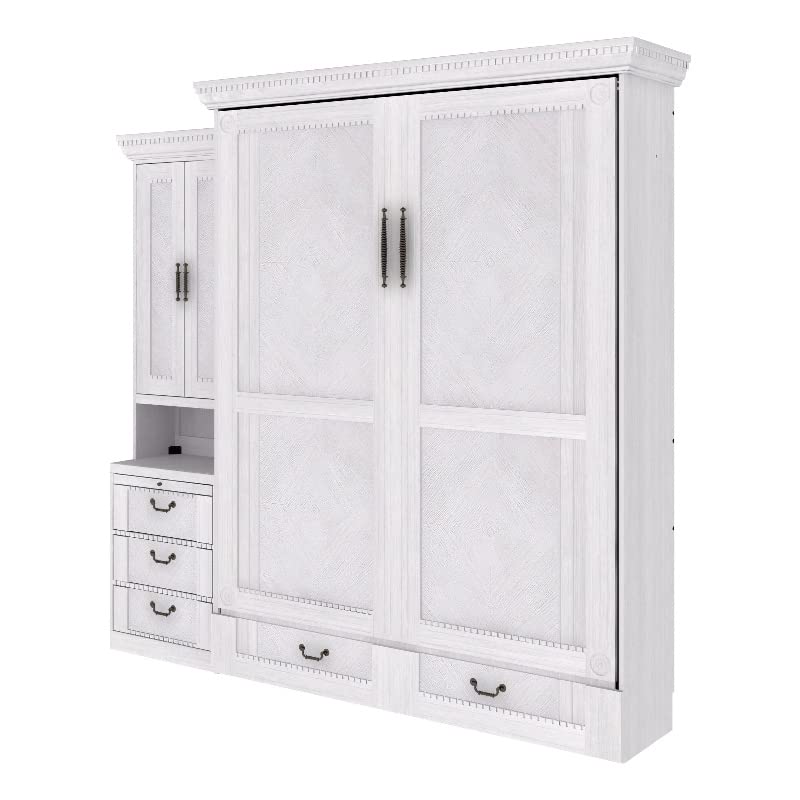 RoomAndLoft Imperial Queen Solid Wood Murphy Wall Bed and Shelf Storage with Drawers in White