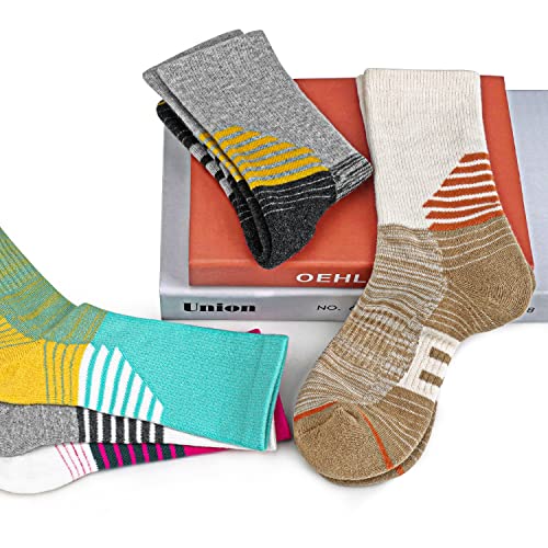 yeuG 5 Pack Women's Hiking Walking Wool Crew Socks, Multi-pack Wicking Cushion Crew Socks (Color 5, Shoe Size: 6-11)