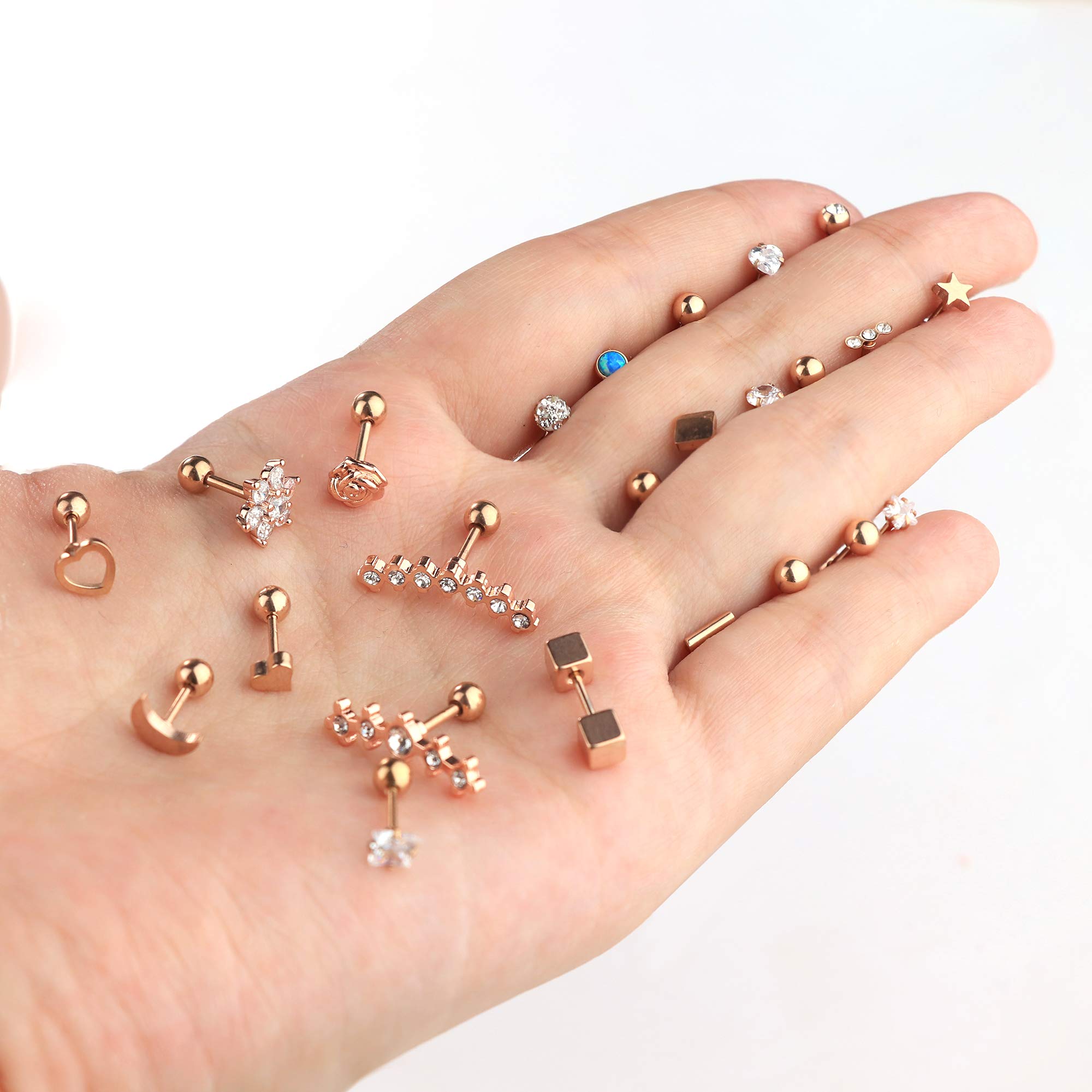 Subiceto 24 Pcs 18G Cartilage Stud Earrings for Women Stainless Steel Cz Helix Tragus Labret Ear Body Piercing