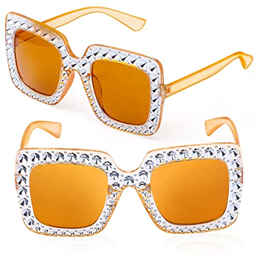 Yewong 5 Pieces 70s Retro Disco Accessories Set Oversize Square Sparkling Sunglasses Rhinestone Choker Bling Headband Cuff Bangle Bracelet Drop Dangle Earrings (Gold Set)