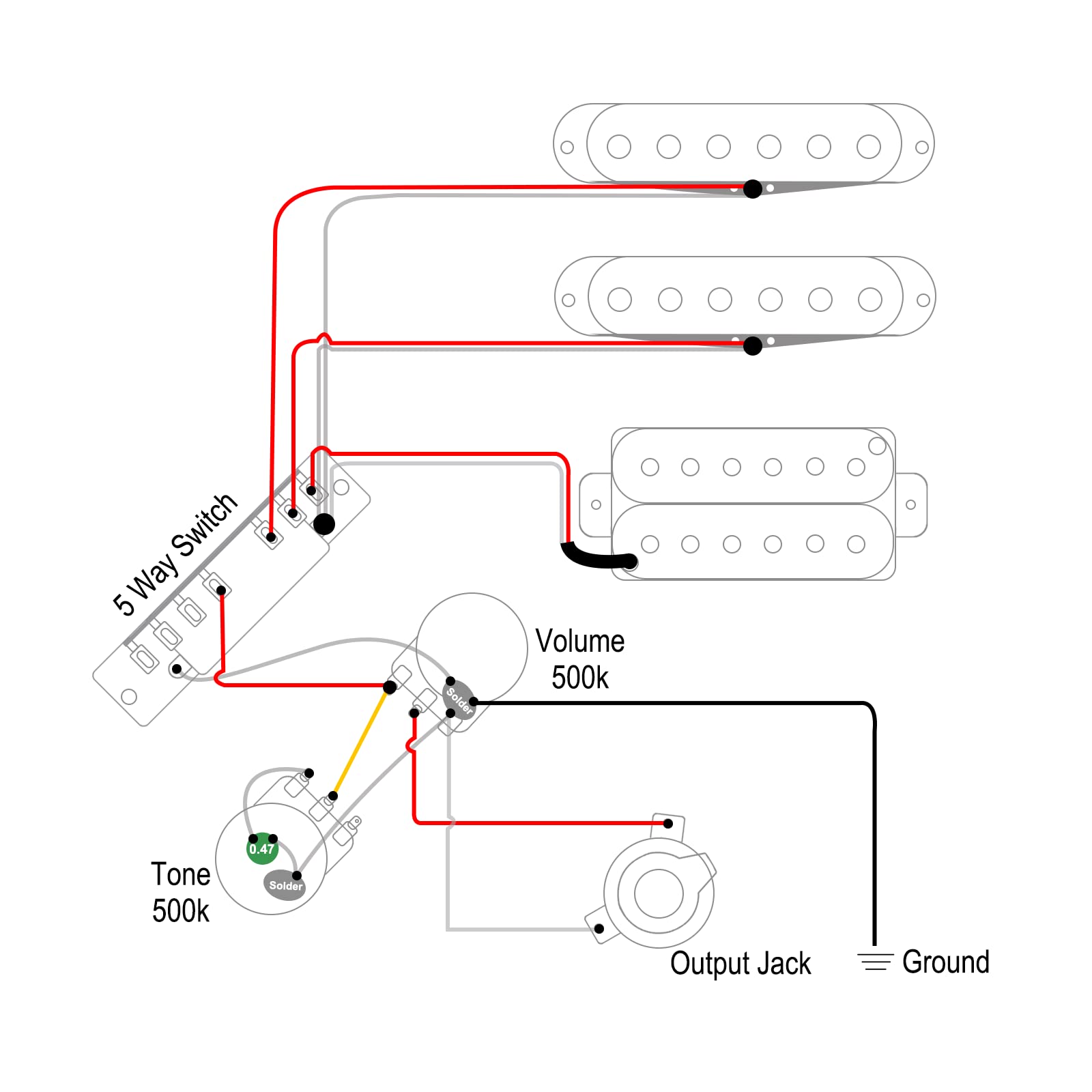 SAPHUE Guitar Wiring Harness Set Prewired 500K Big Pots 5 Way Switch Wiring Harness Kit with 6.35 Output/Black Knobs for Electric Guitar