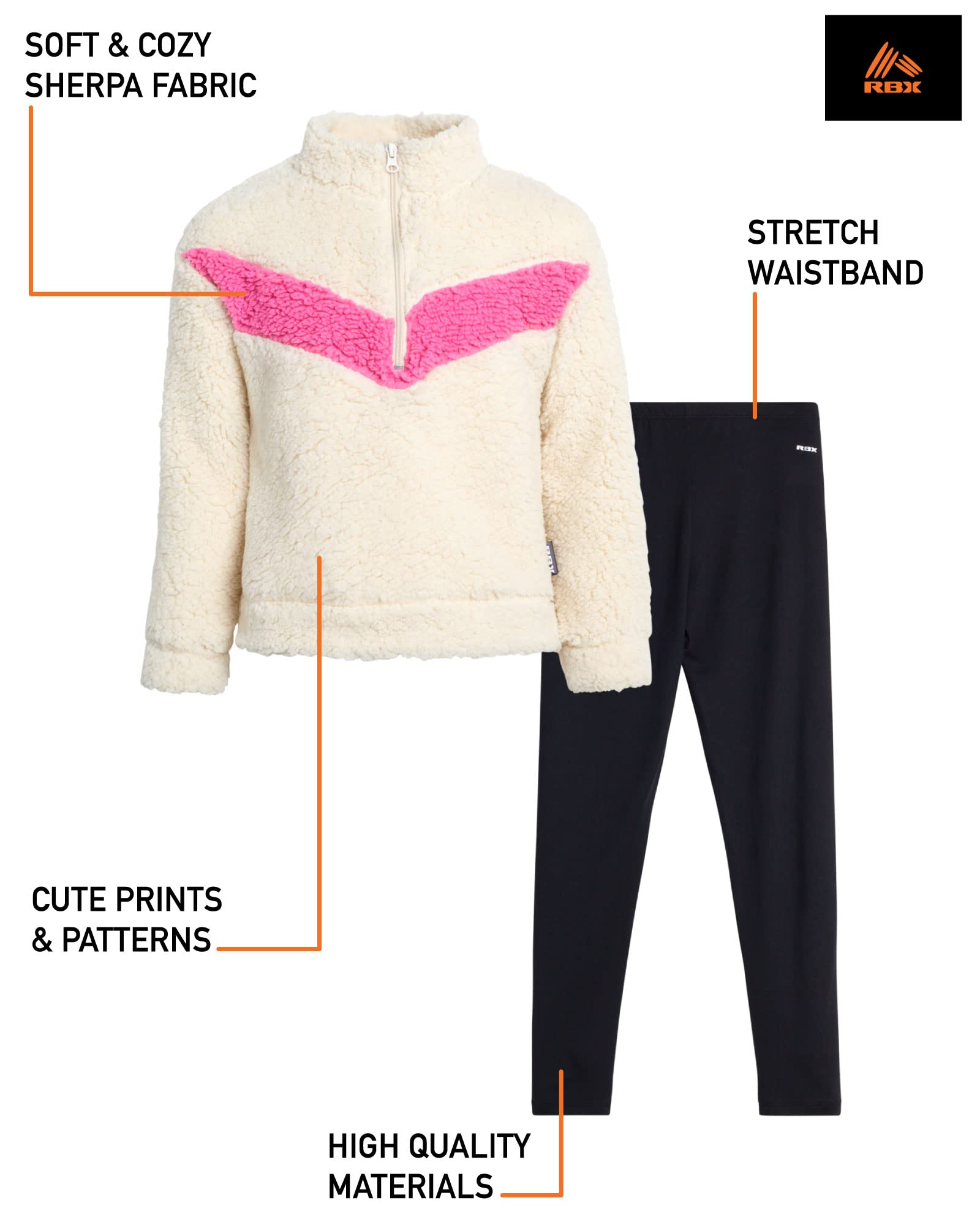 RBX Girls' Legging Set - Quarter Zip Sherpa Pullover Sweatshirt and Yoga Pants (Size: 7-16), Size 14-16, Artic White