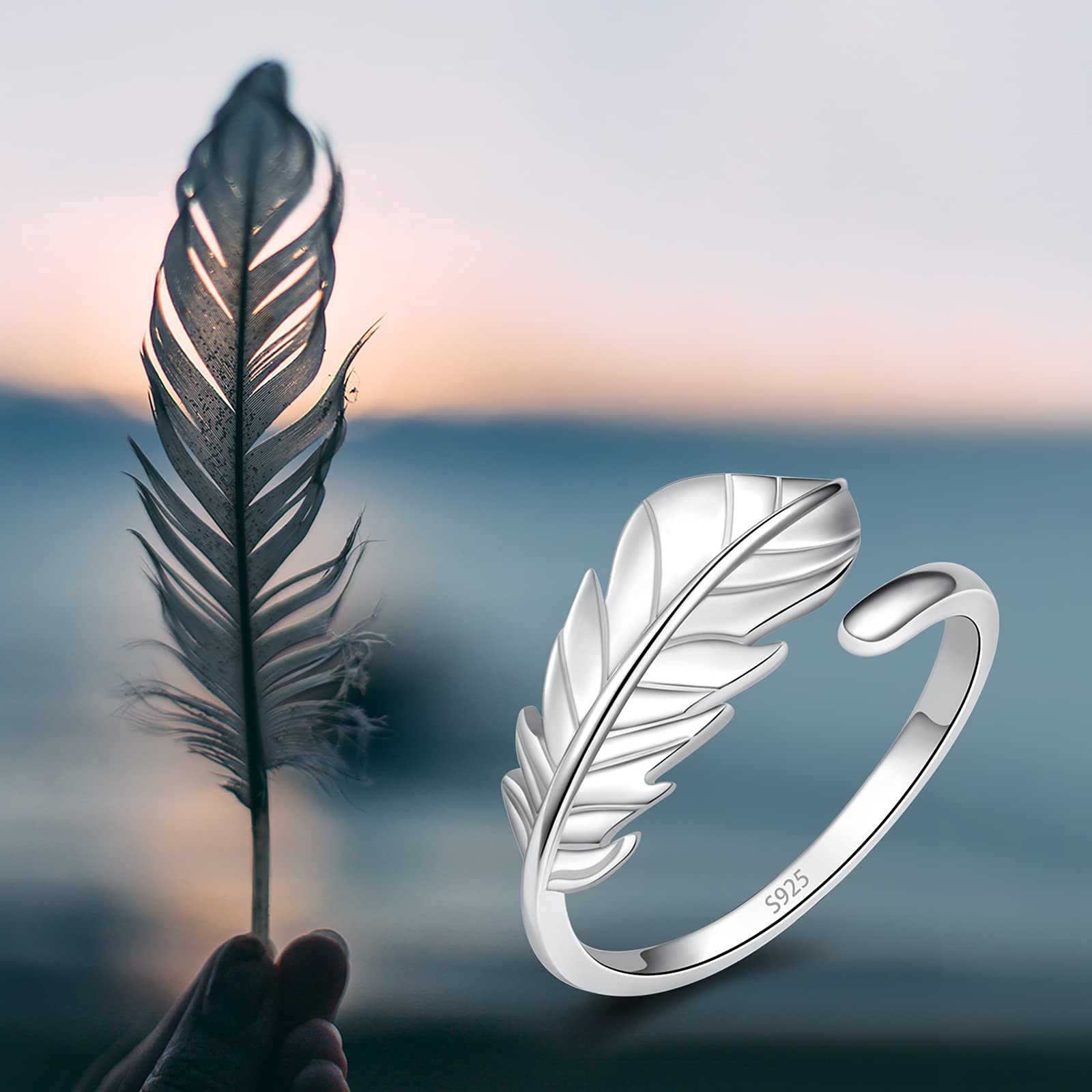 YLT 925 Sterling silver Feather Ring Inspirational Jewelry Adjustable Wrap Open Rings for Women Teens