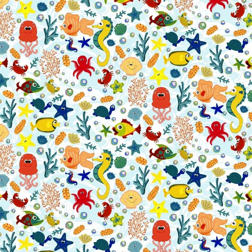 Sea Critter Friends Design 100% Cotton Quilting Fabric by The Yard (Light Blue, Yellow, Red, Orange)