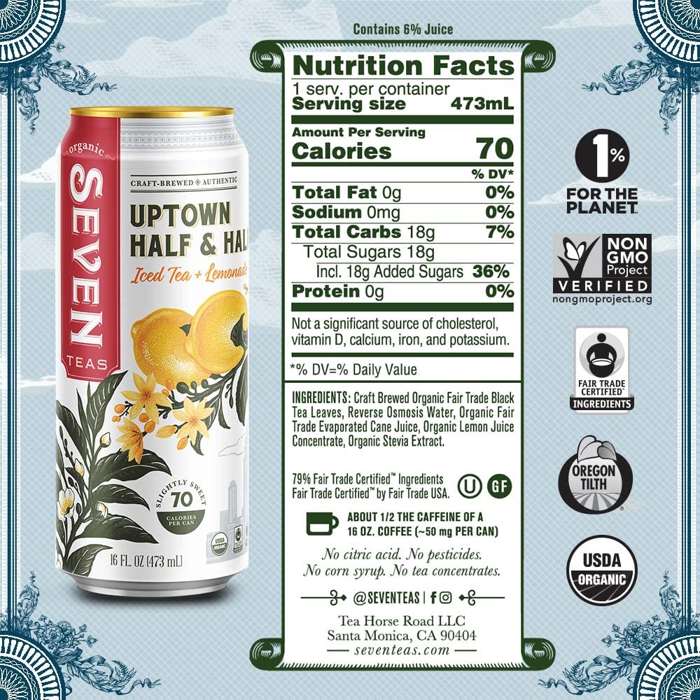 SevenTeas Uptown Half & Half Iced Tea and Lemonade, 16 OZ (Pack of 12 Cans), Organic Iced Tea