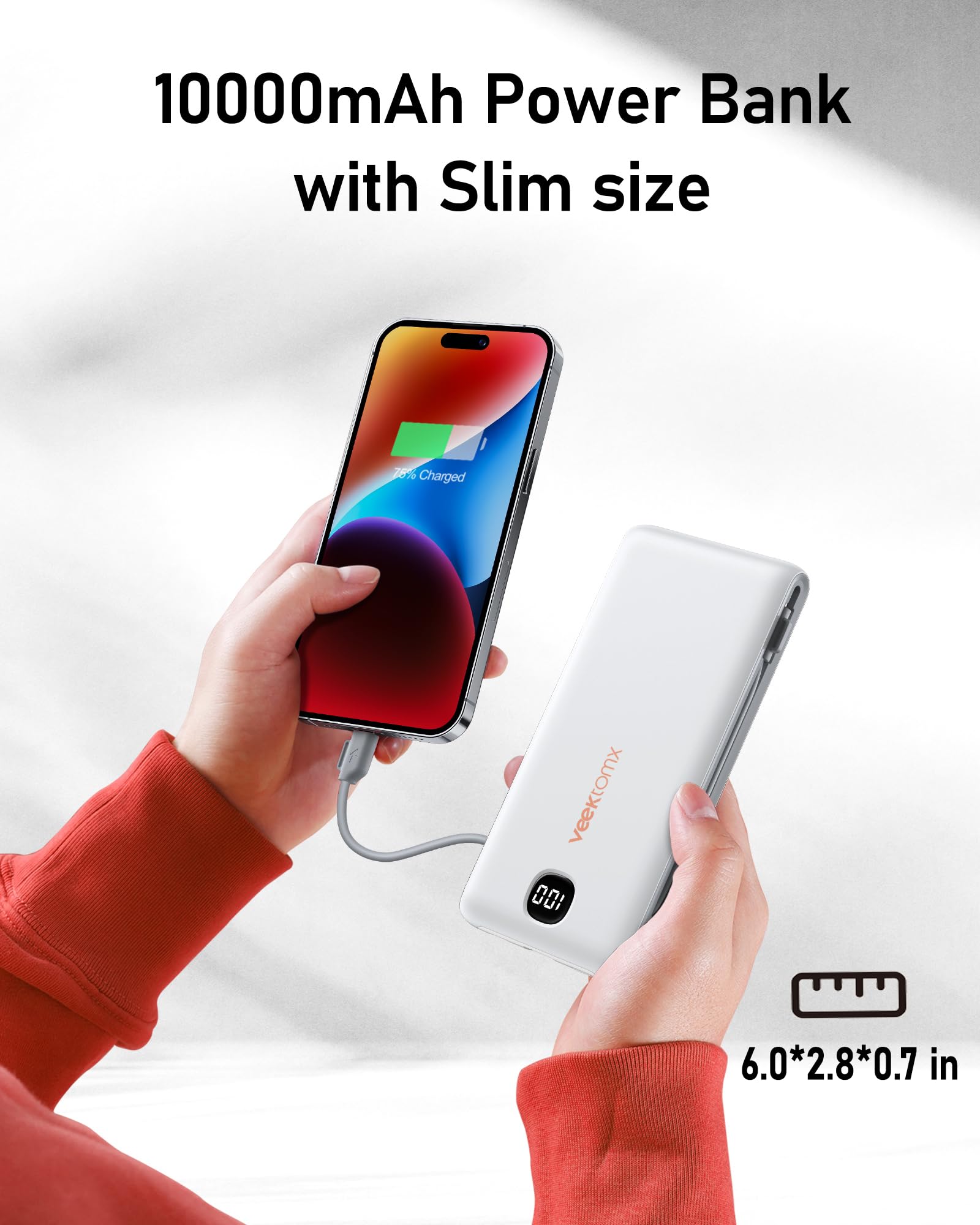 VEEKTOMX Power Bank with Built in Cables 22.5W 10000mAh, Portable Charger for iPhone with AC Wall Plug, Fast Charging USB C Slim iPhone Charger with LED Display Compatible with iPhone15/14/13, Samsung