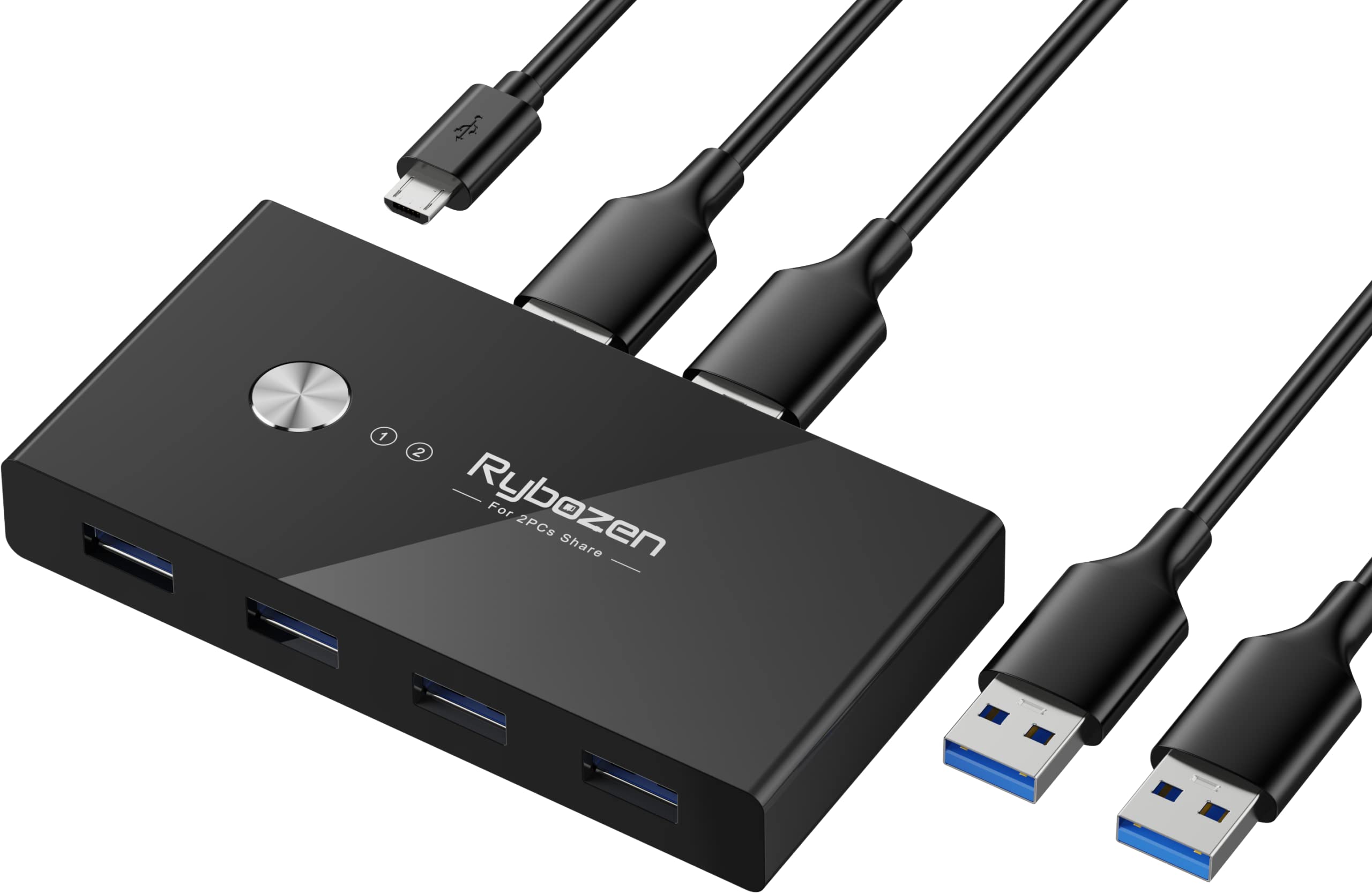 Rybozen USB 3.0 Switch Selector,KVM Switch Adapter 2 Computer Sharing 4 USB Devices, Peripheral Hub Box for Mouse Keyboard Scanner Printer PC, with One Button Swapping and 2 Pack USB 3.0 Cable